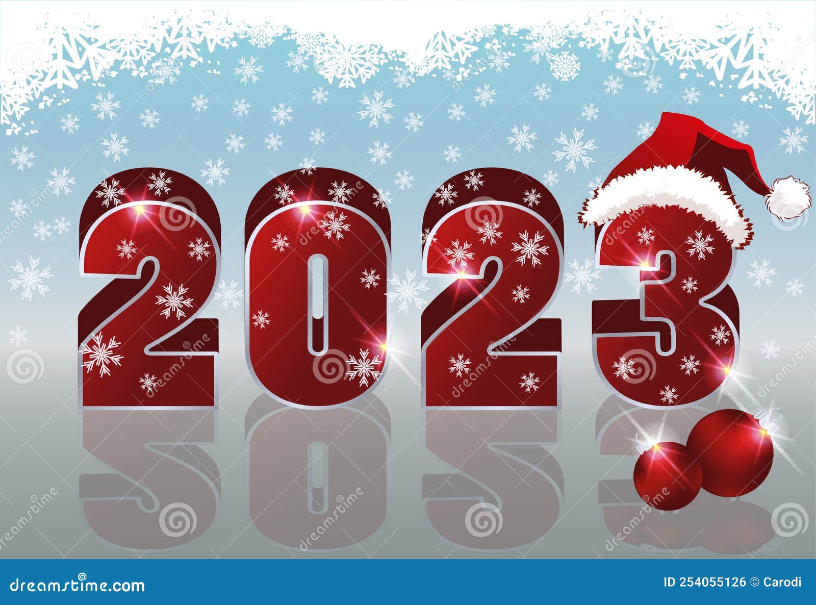 Happy New 2023 Year Card with Santa Claus Hat and Xmas Balls, Vector ...