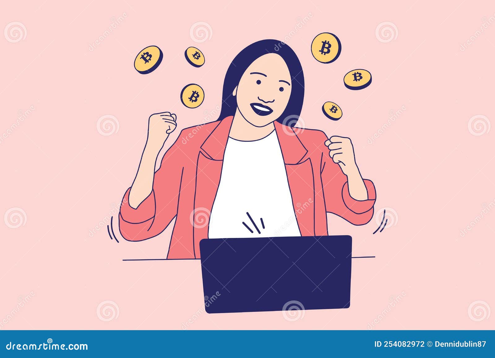 Illustrations of Beautiful Woman Happy Earning Bitcoin in Trading ...