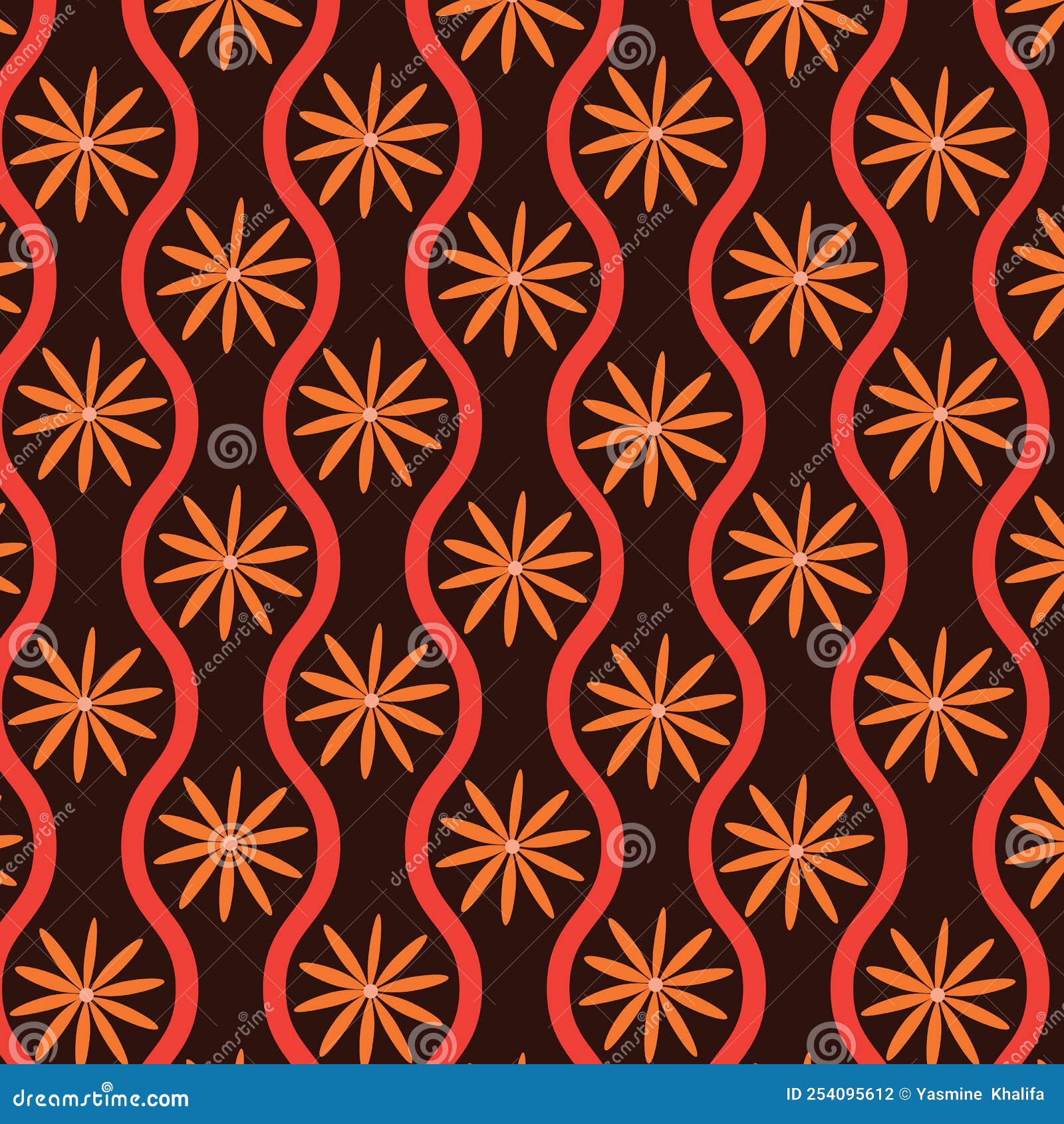 Retro Groovy Orange Flowers Seamless Pattern Placed in Wavy Oval Shapes ...