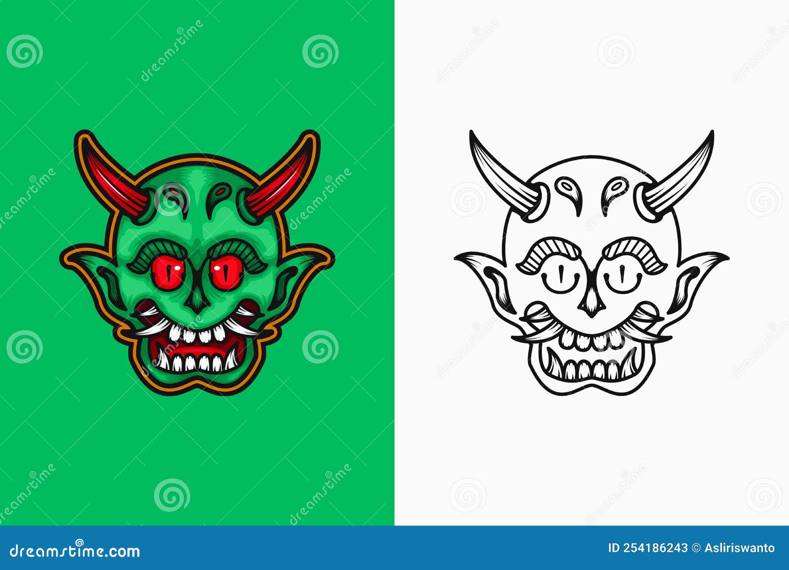 Illustration of Green Demon with Red Eyes and Horns. Color and Line Art Style Stock Vector ...