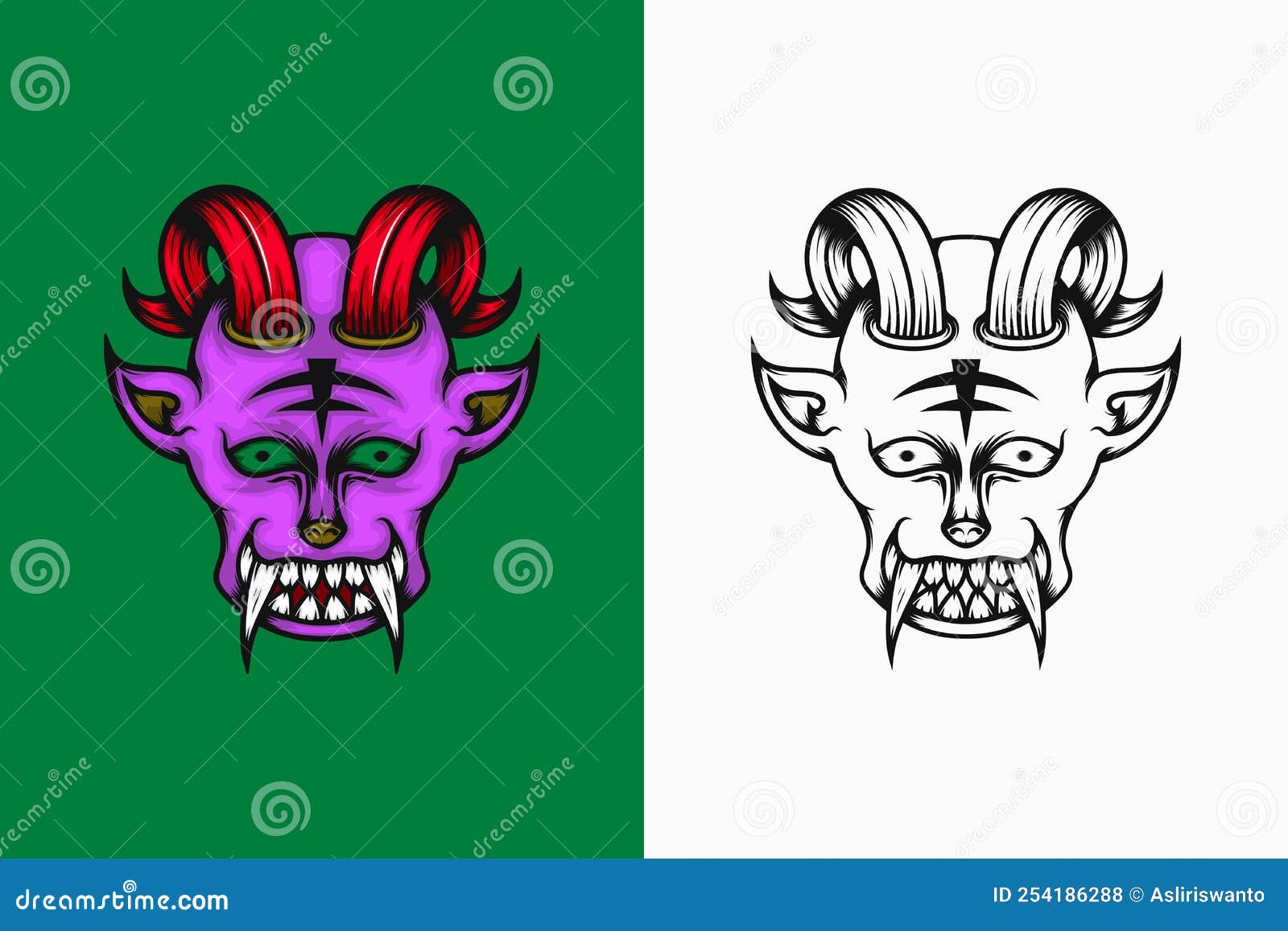 Illustration of Purple Demon with Red Horns. Color and Line Art Style ...