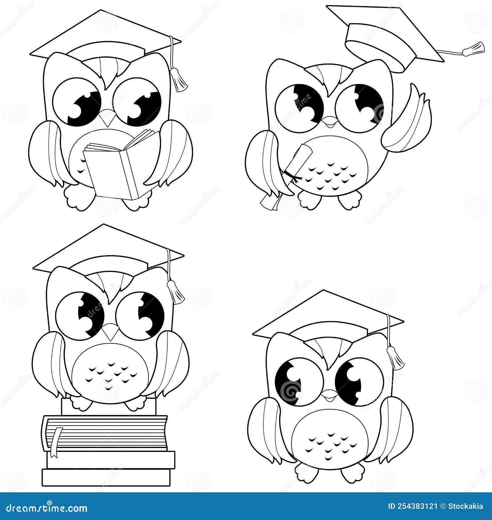 Owls with Graduation Hats. Vector Black and White Coloring Page Stock ...