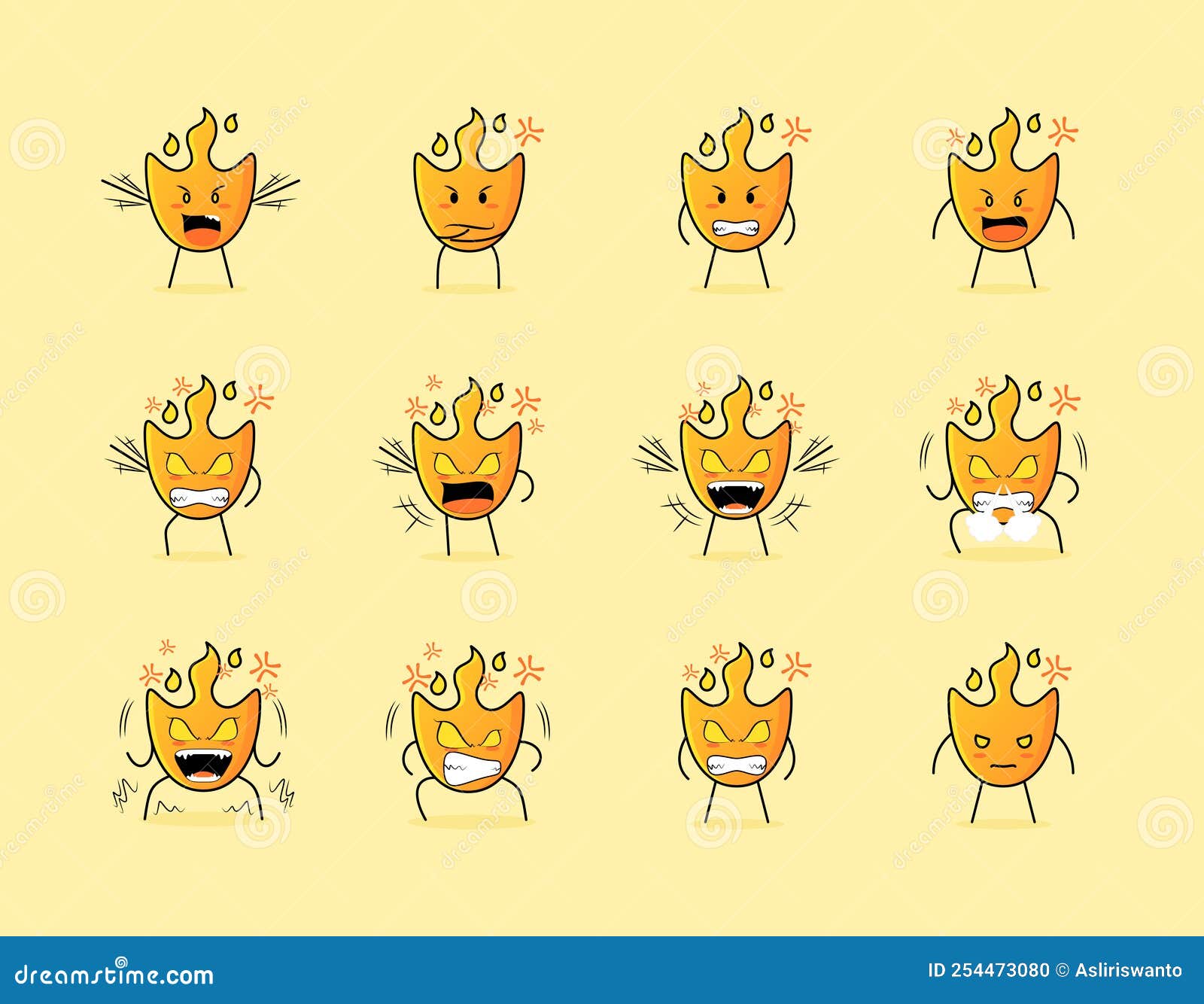 Collection of Cute Fire Cartoon Character with Angry Expression Stock ...