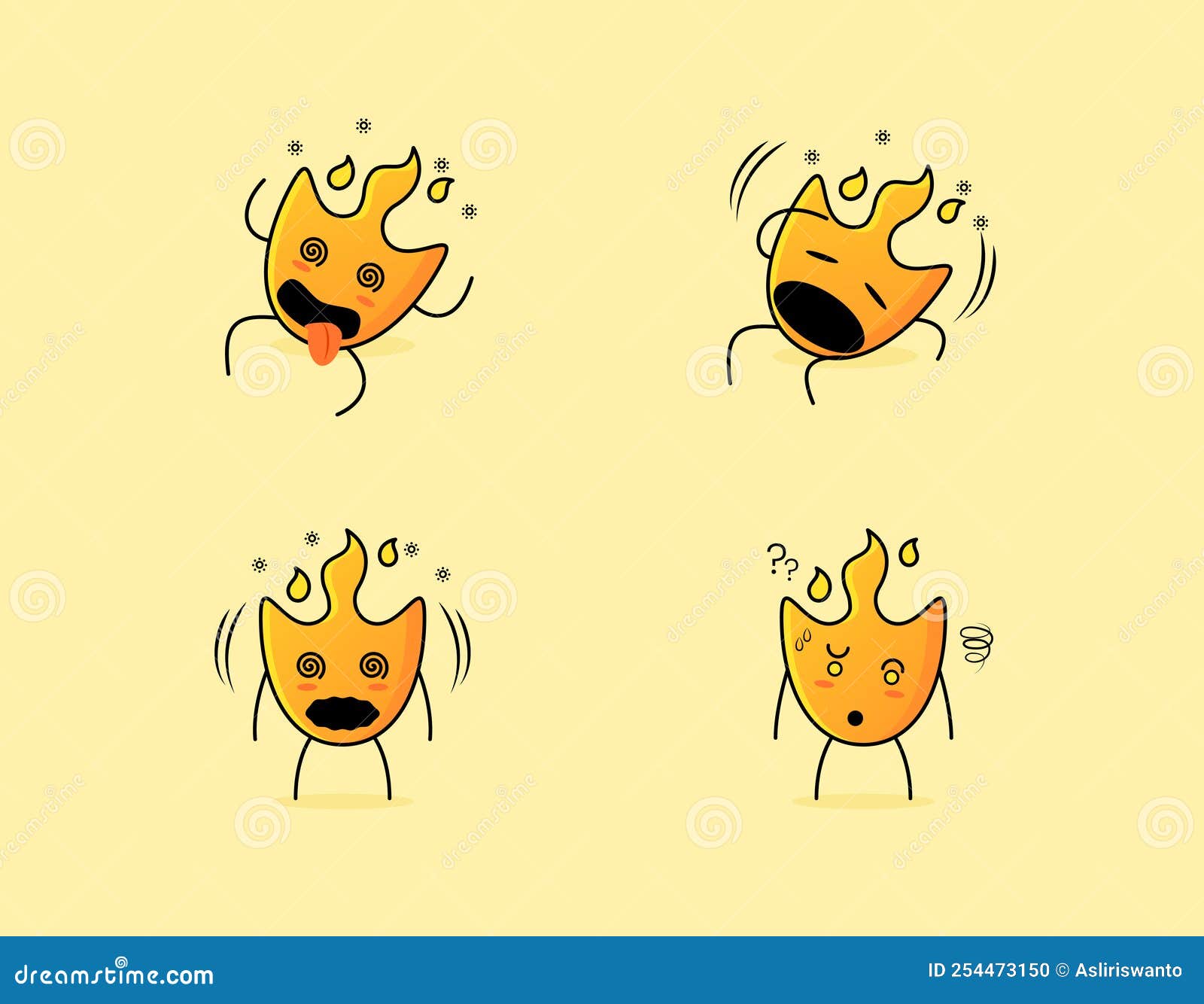 Collection of Cute Fire Cartoon Character with Dizzy Expression Stock ...