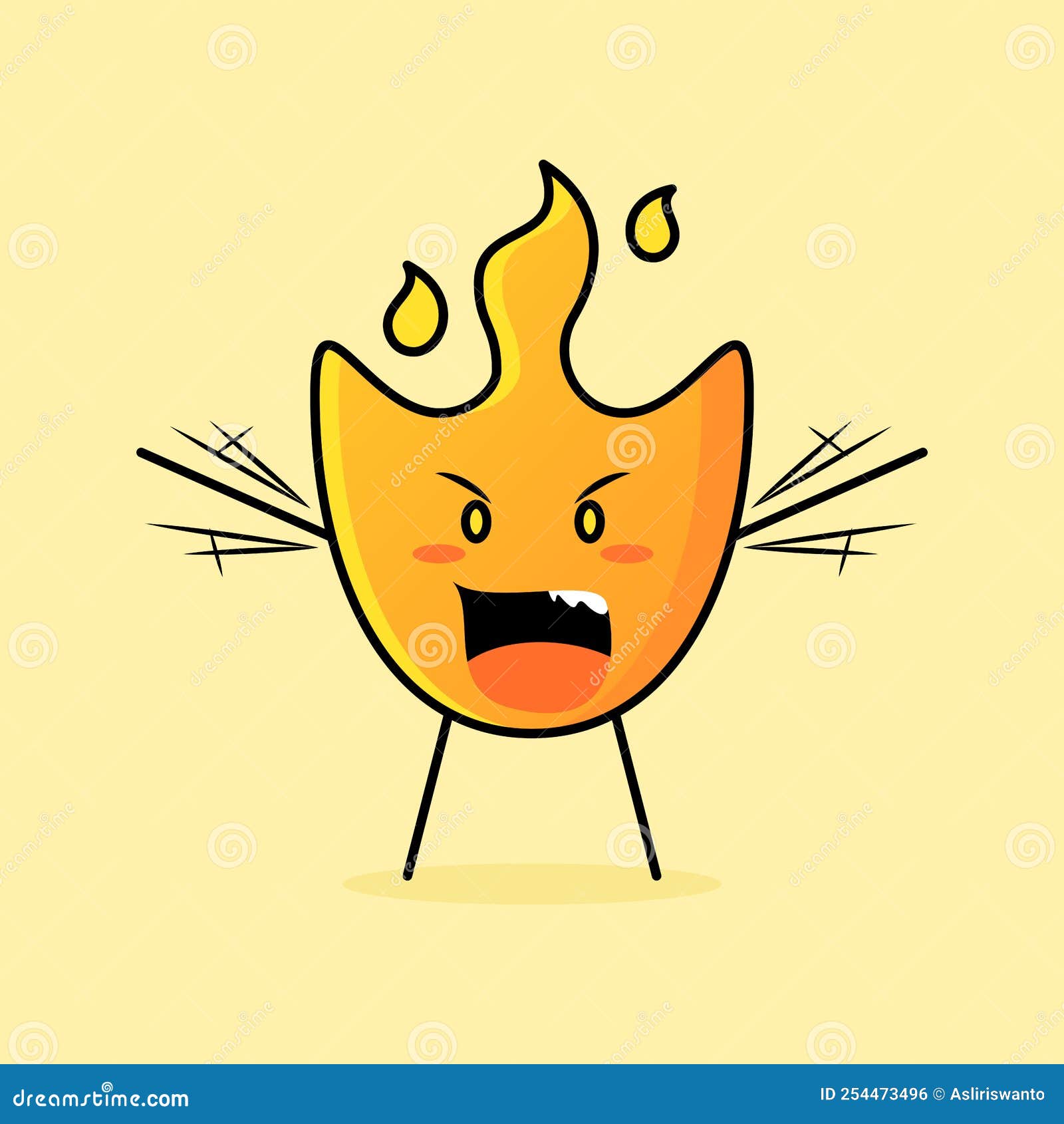 Cute Fire Cartoon with Angry Expression. Mouth Open and Hands Shaking ...