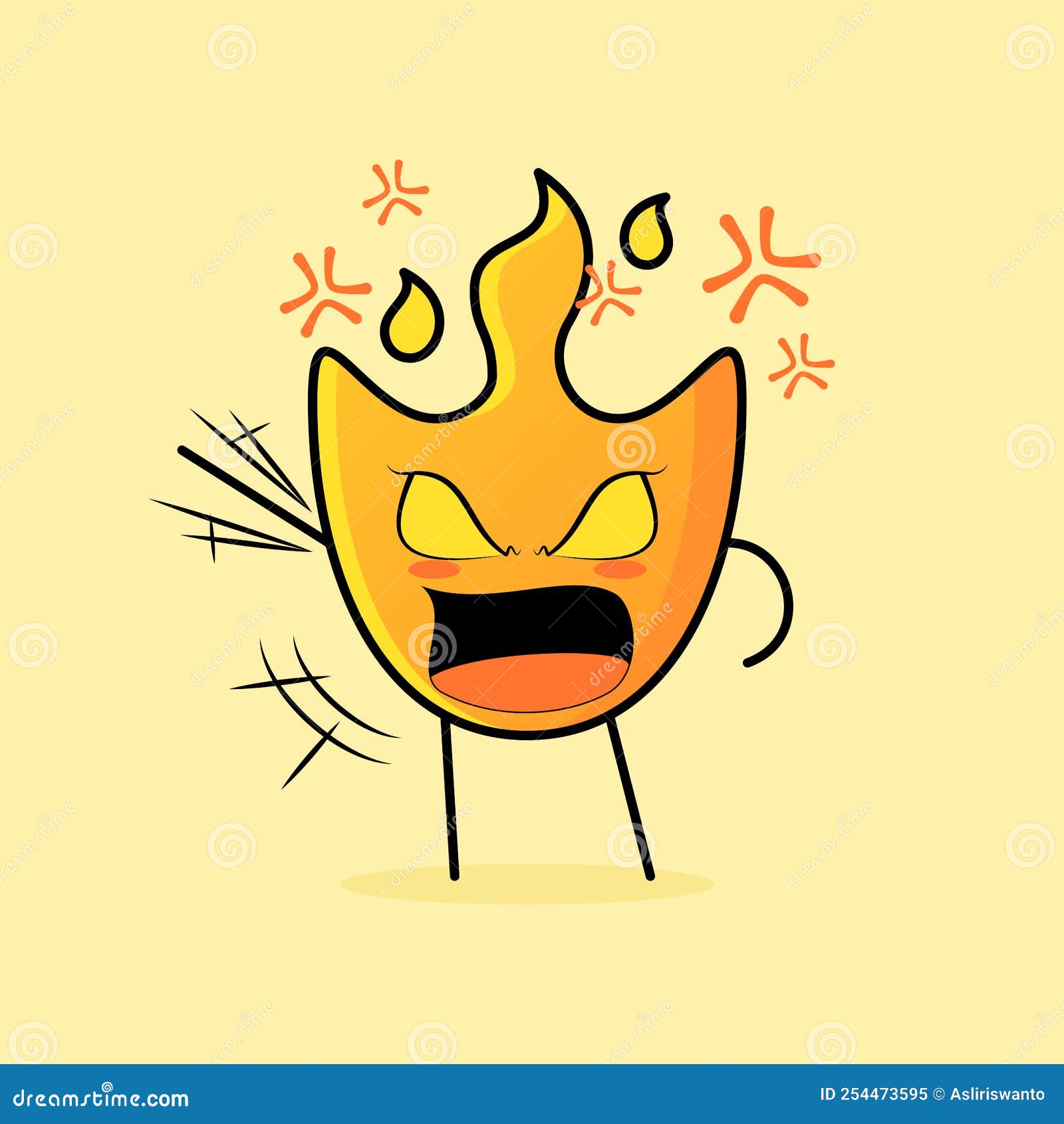 Cute Fire Cartoon with Very Angry Expression.mouth Open, Hand Shaking ...