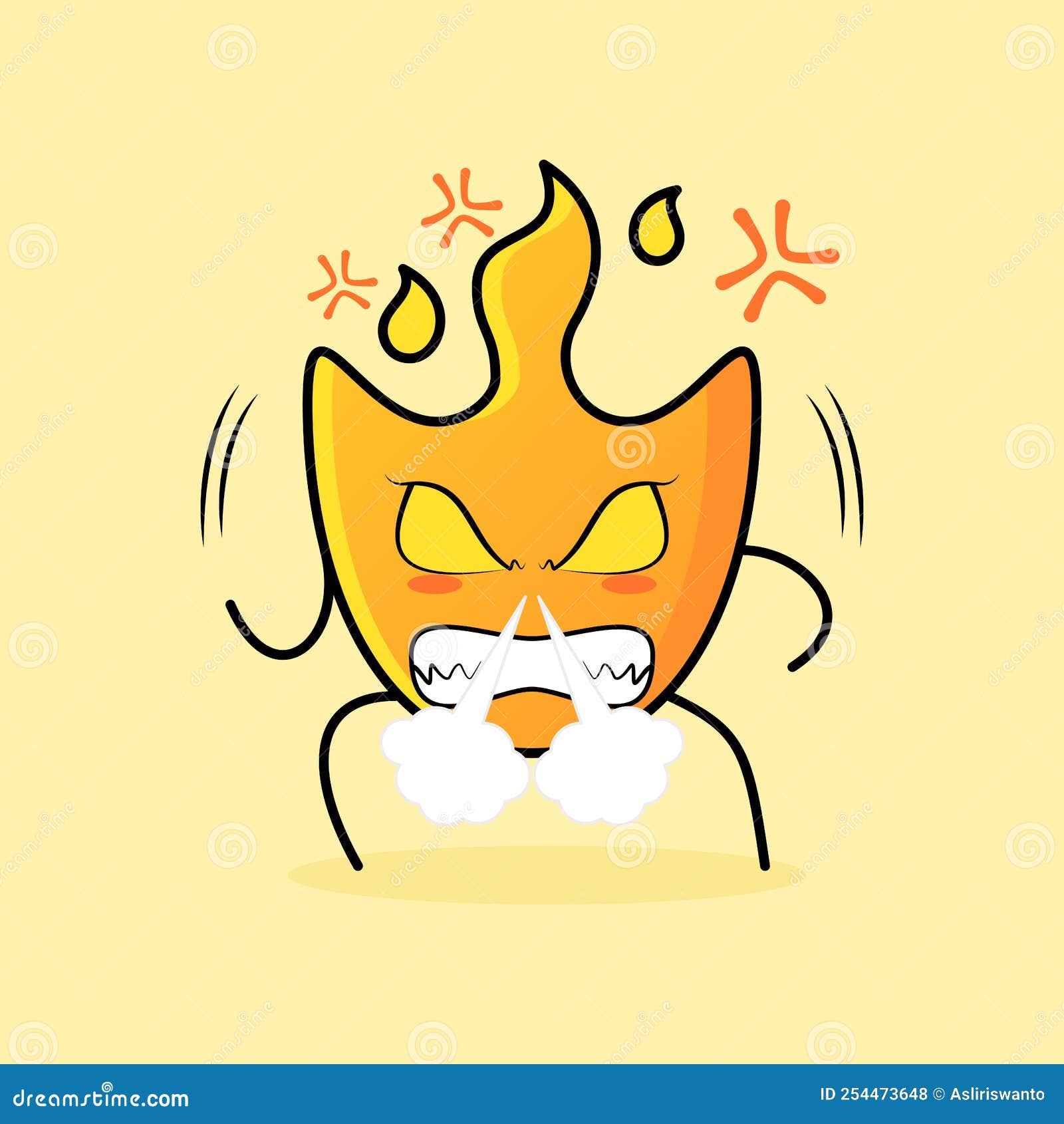Cute Fire Cartoon with Angry Expression. Nose Blowing Smoke, Eyes ...