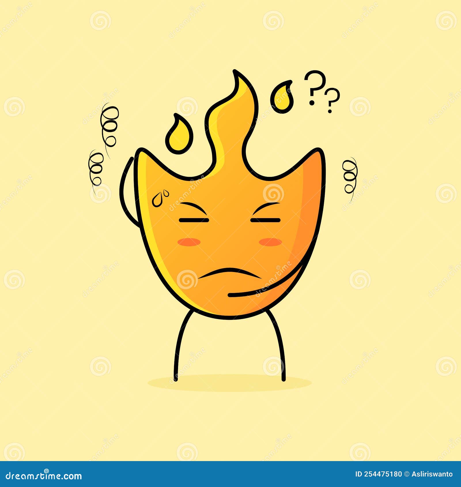 Cute Fire Cartoon with Thinking Expression. Eyes Closed and Hands Above ...