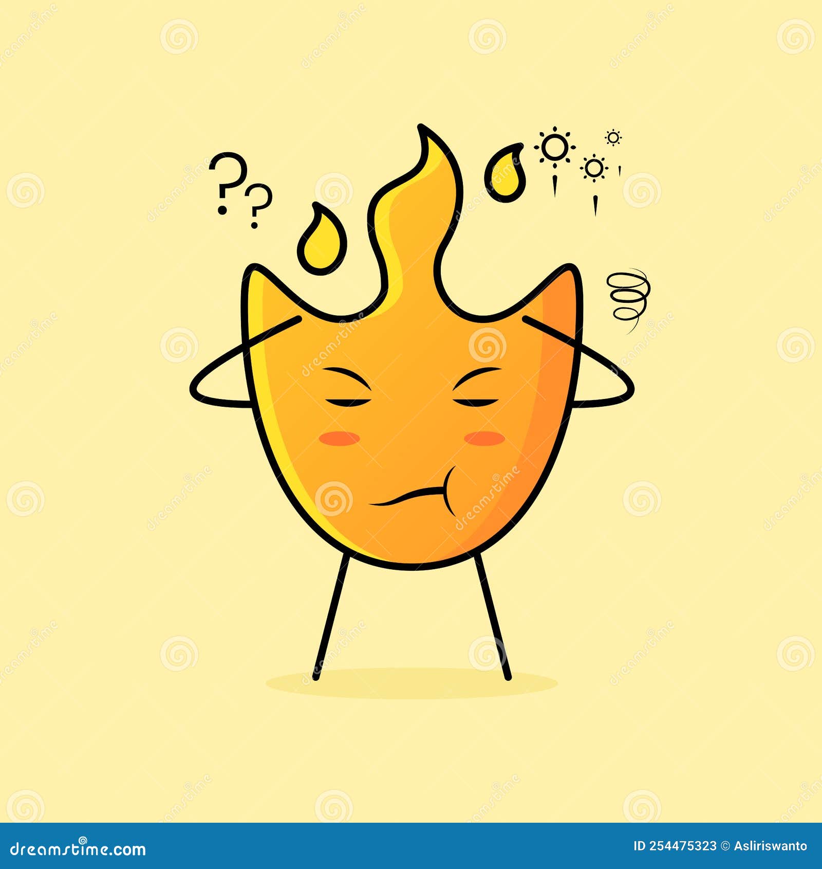 Cute Fire Cartoon with Thinking Expression and Both Hands Above Head ...