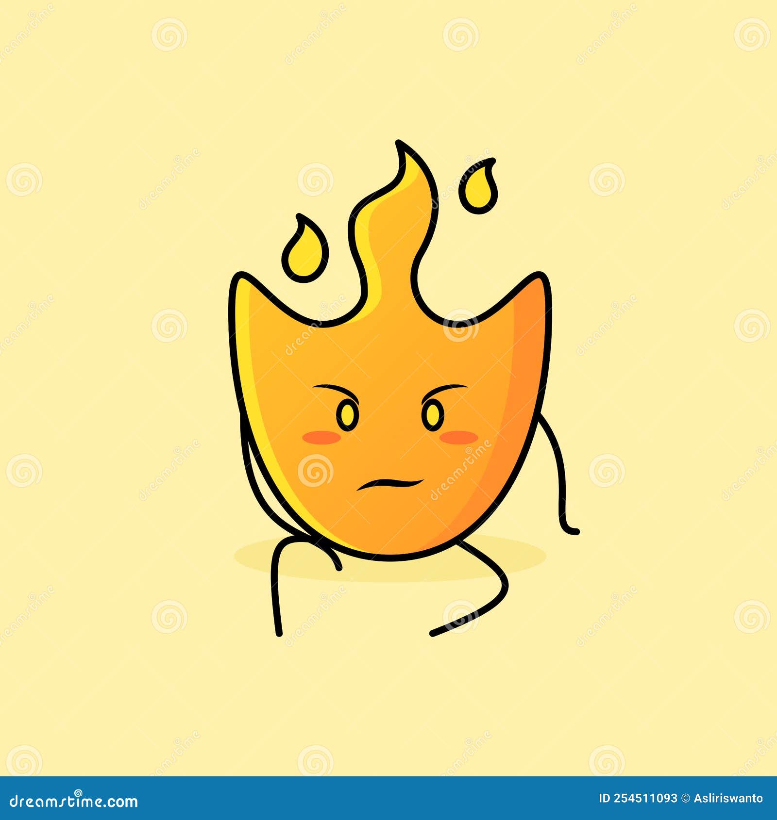 Cute Fire Cartoon with Intimidation Expression and Sit Down. Orange and ...