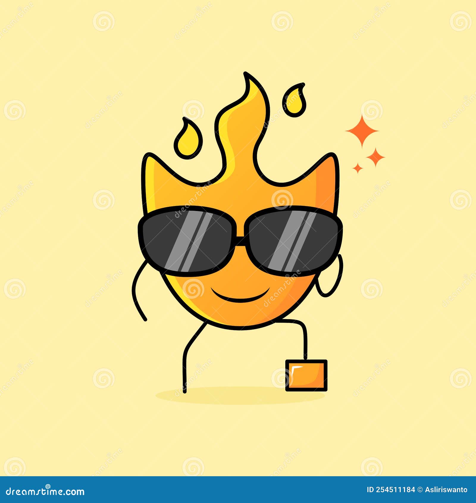 Cute Fire Cartoon with Smile Expression. Black Eyeglasses, One Leg ...