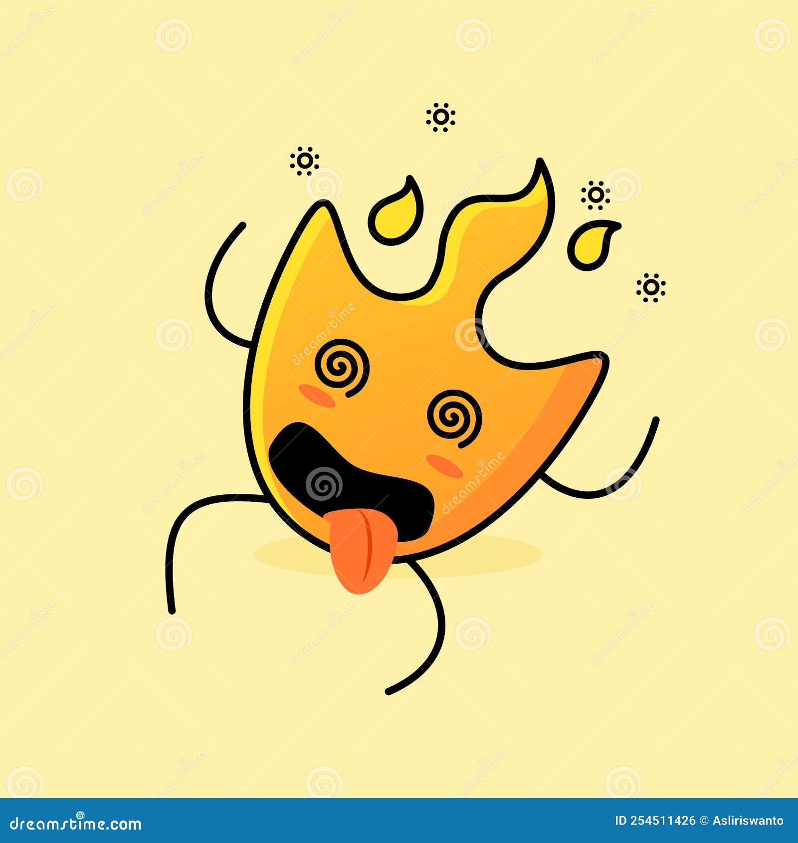 Cute Fire Cartoon with Dizzy Expression. Mouth Open, Eyes Roll and Lie ...