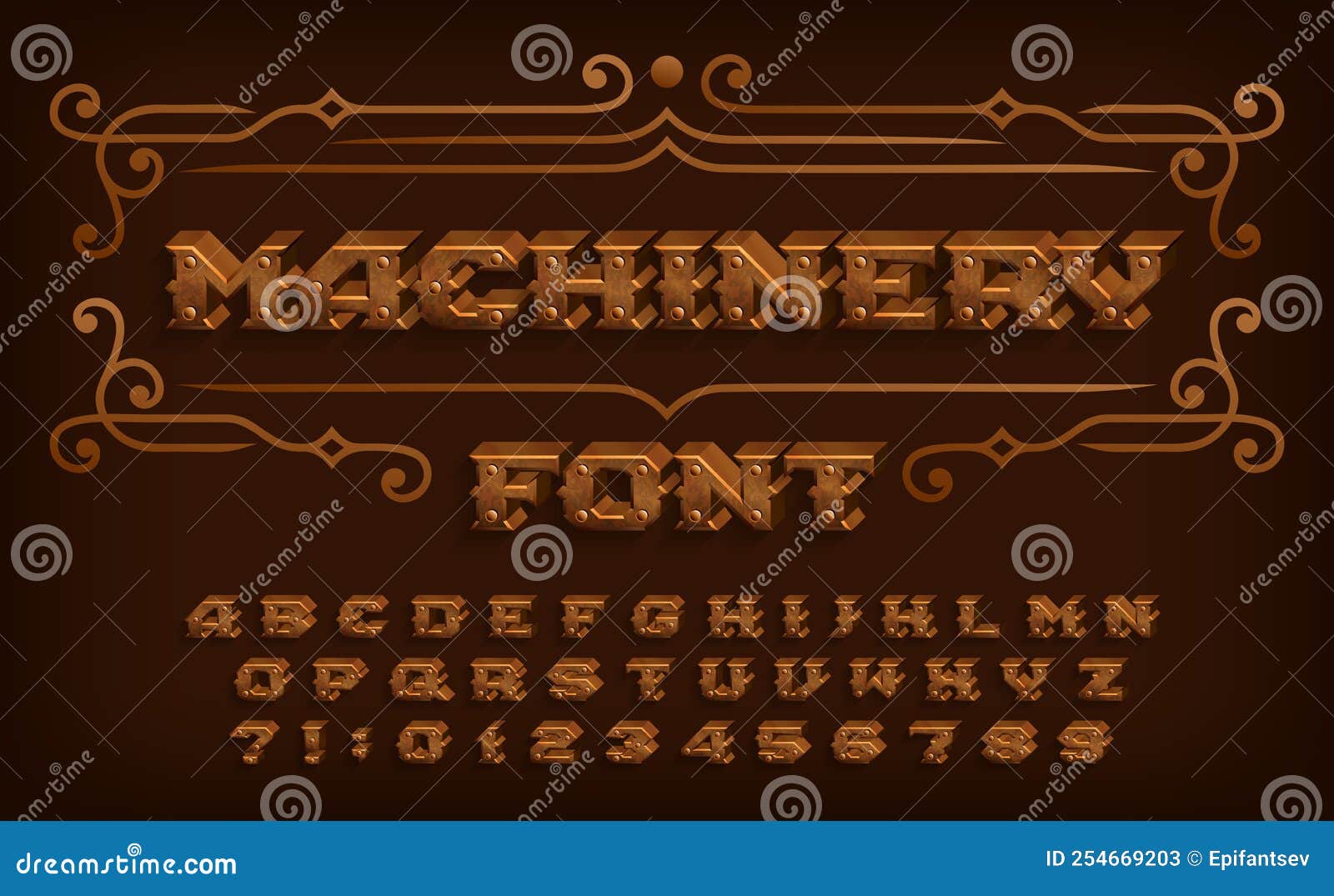 Machinery Alphabet Font. Steampunk Rivet 3d Letters and Numbers Stock ...