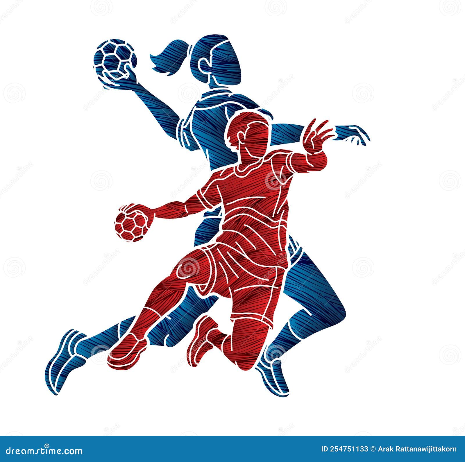Group of Handball Players Team Male and Female Action Together Cartoon ...