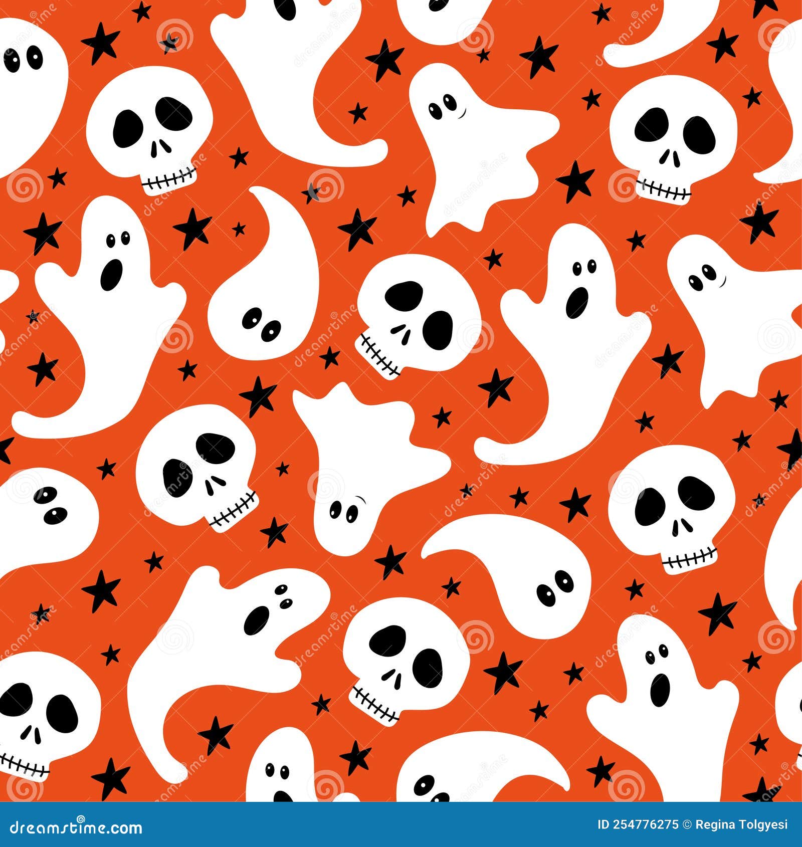 Hand Drawn Ghosts and Skull Seamless Pattern, on Orange Color ...