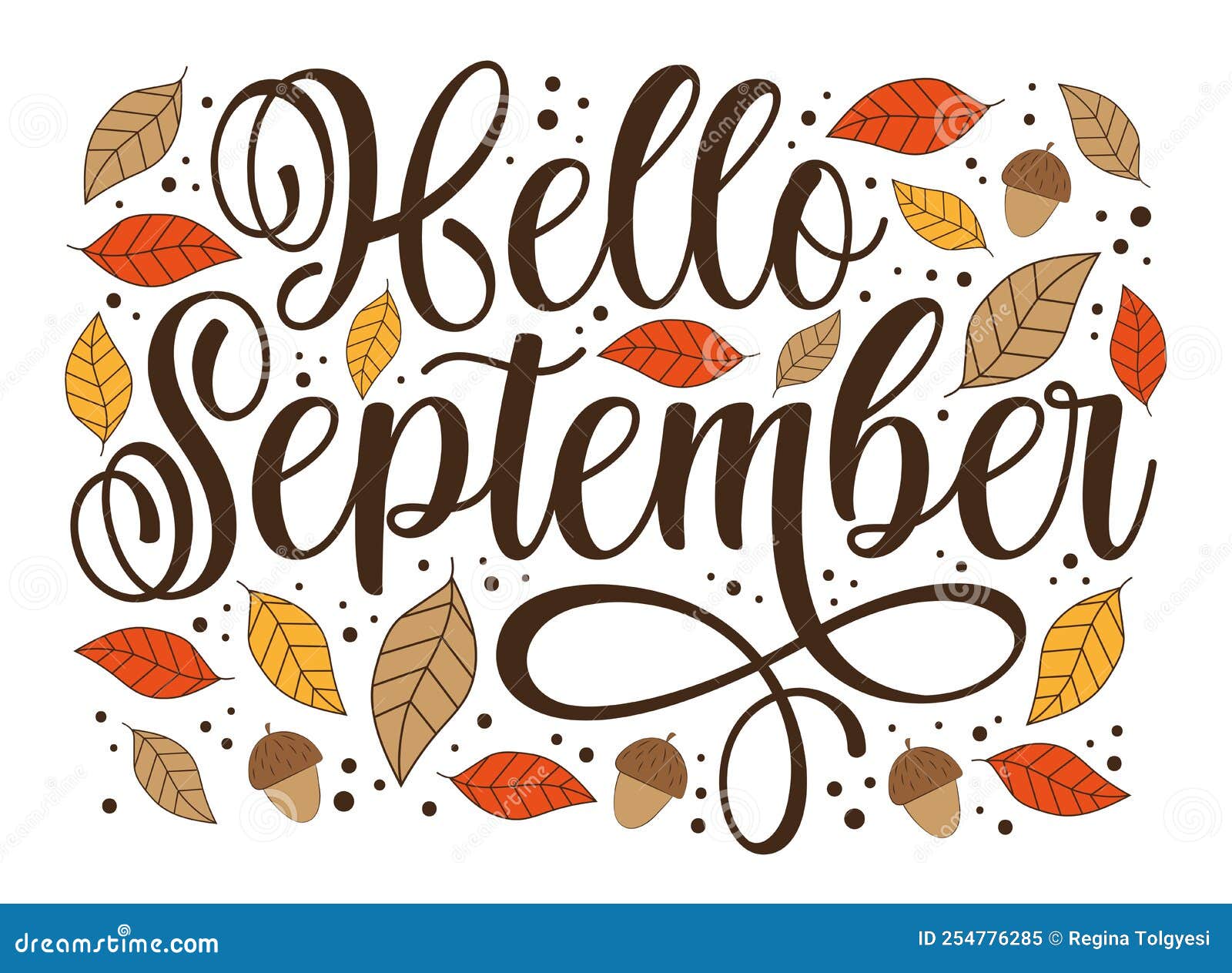 Hello September - Typography with Hand Drawn Autumn Leaves. Stock ...