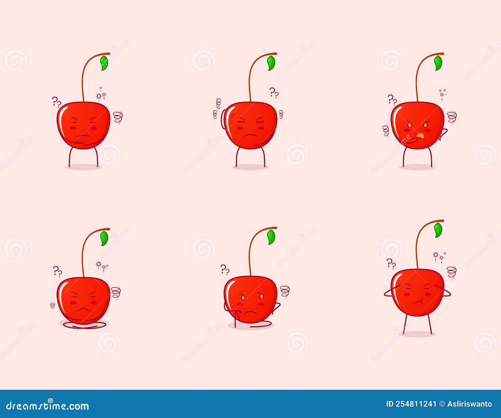 Collection of Cute Cherry Cartoon Character with Thinking Expression ...