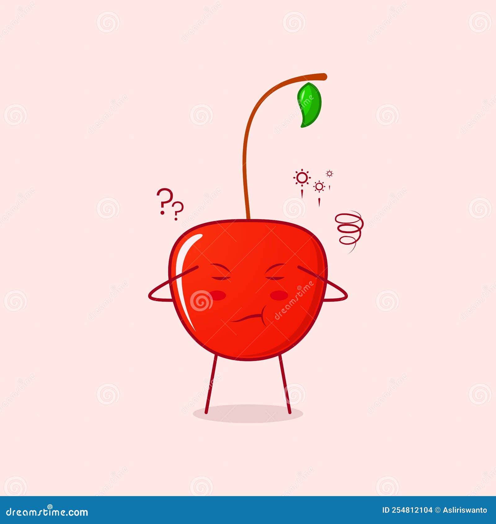 Cute Cherry Cartoon Character with Thinking Expression, Close Eyes and ...