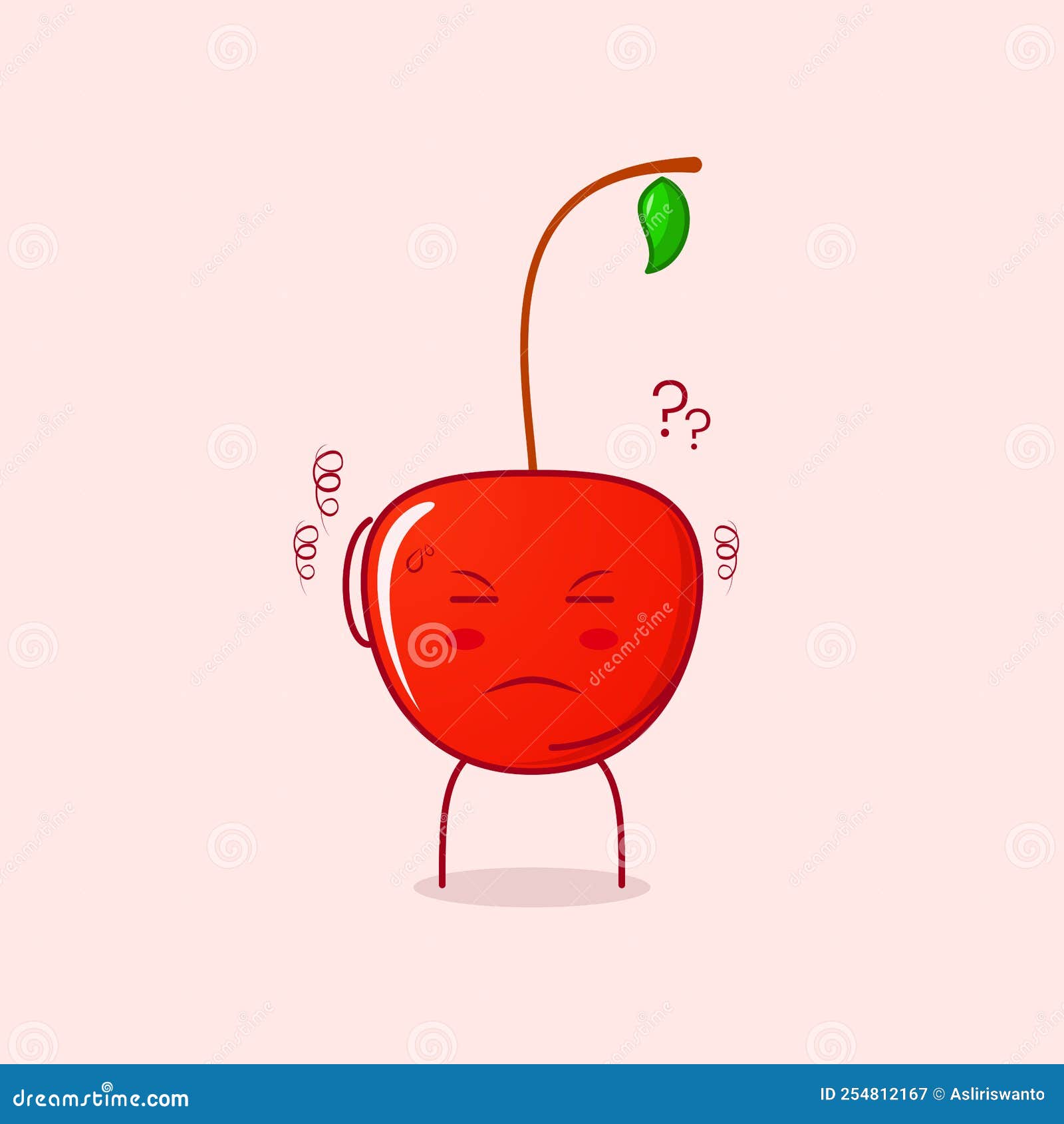 Cute Cherry Cartoon Character with Thinking Expression, One Hand on ...