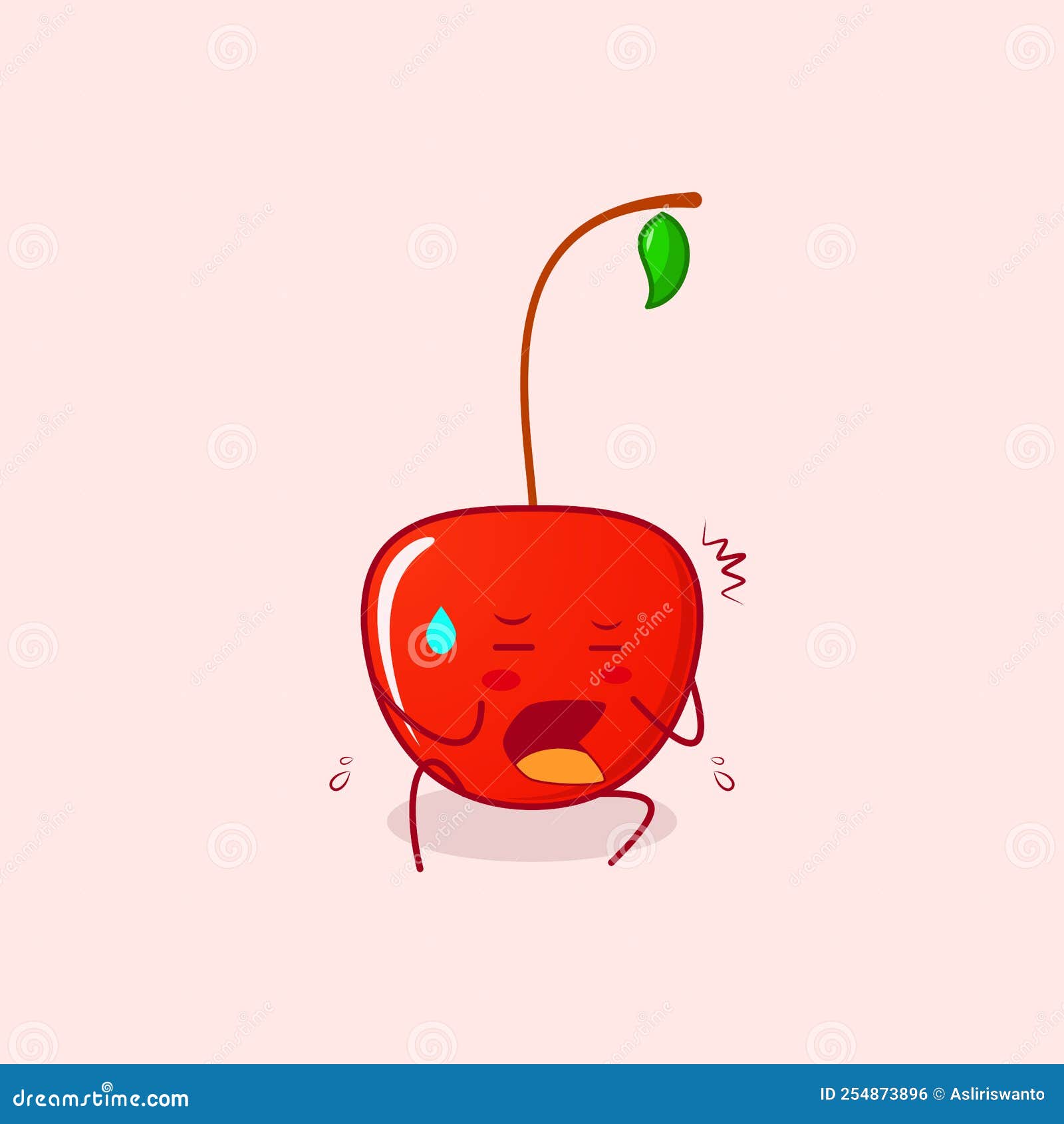 Cute Cherry Cartoon Character with Afraid Expression and Sit Down Stock ...