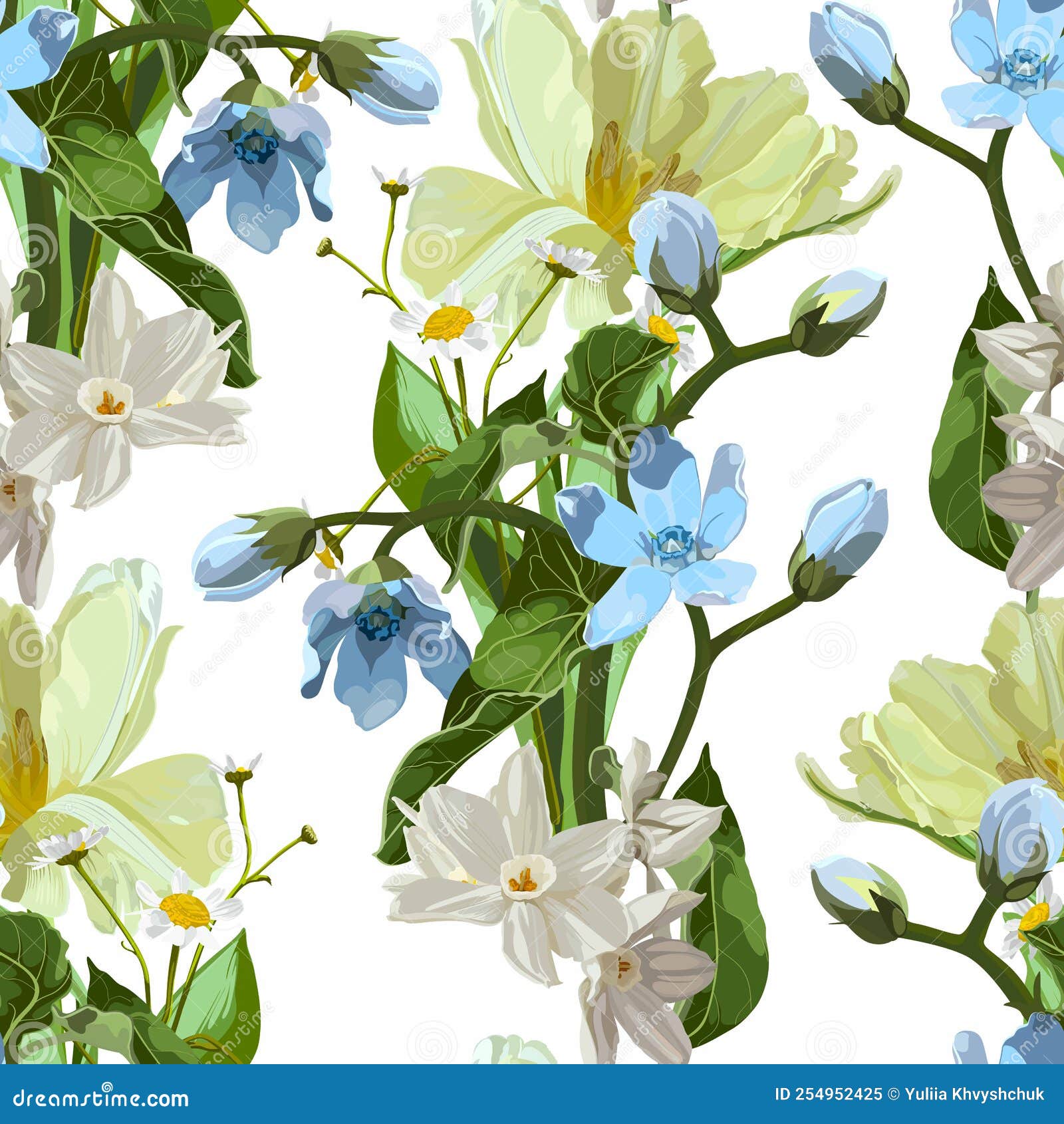 Seamless Pattern with Yellow Blue Flowers, Oxypetalum, Tulip, Daffodil ...