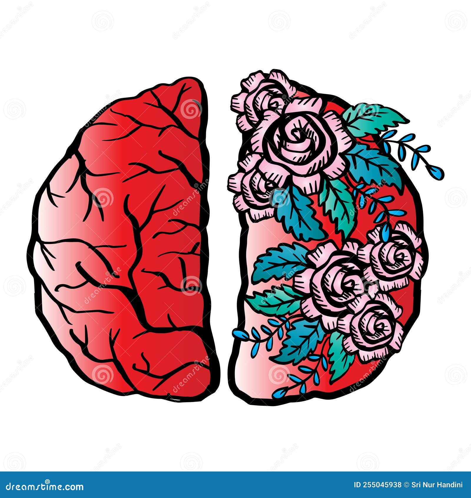 Human Brain with Rose Flowers Decoration. Stock Illustration ...