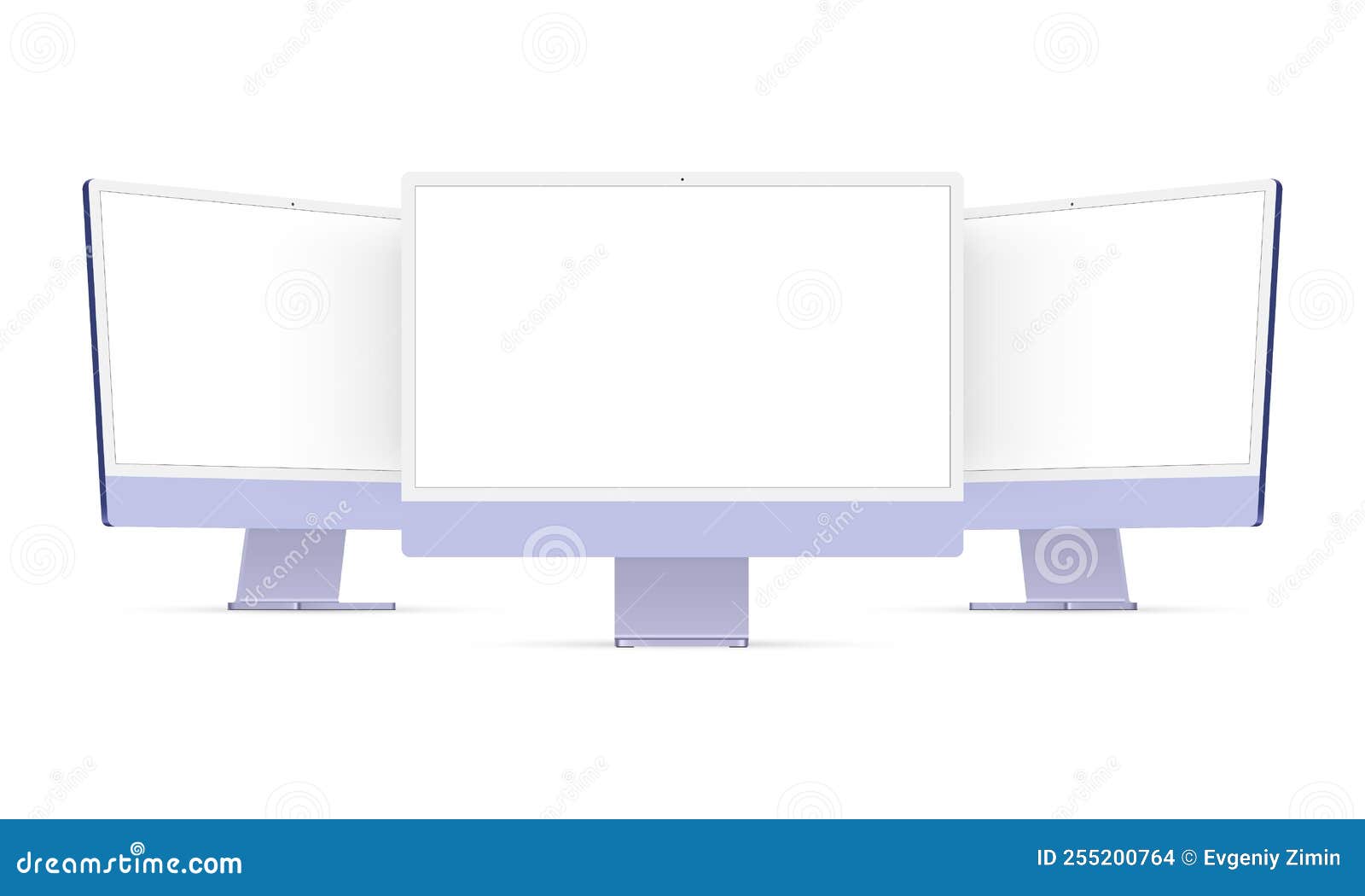 Modern Violet Computer Monitors with Blank Screens, Front and Side View ...