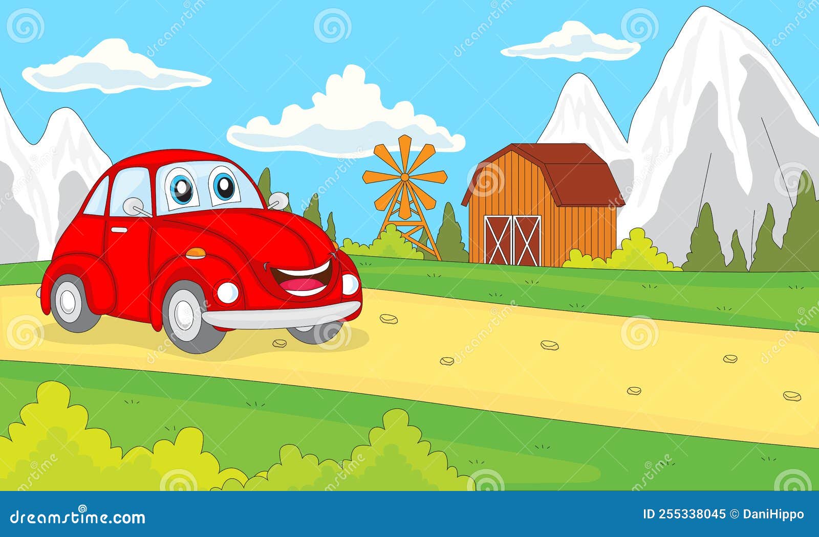 Red Car Character Travel Illustration with Countryside View Stock ...