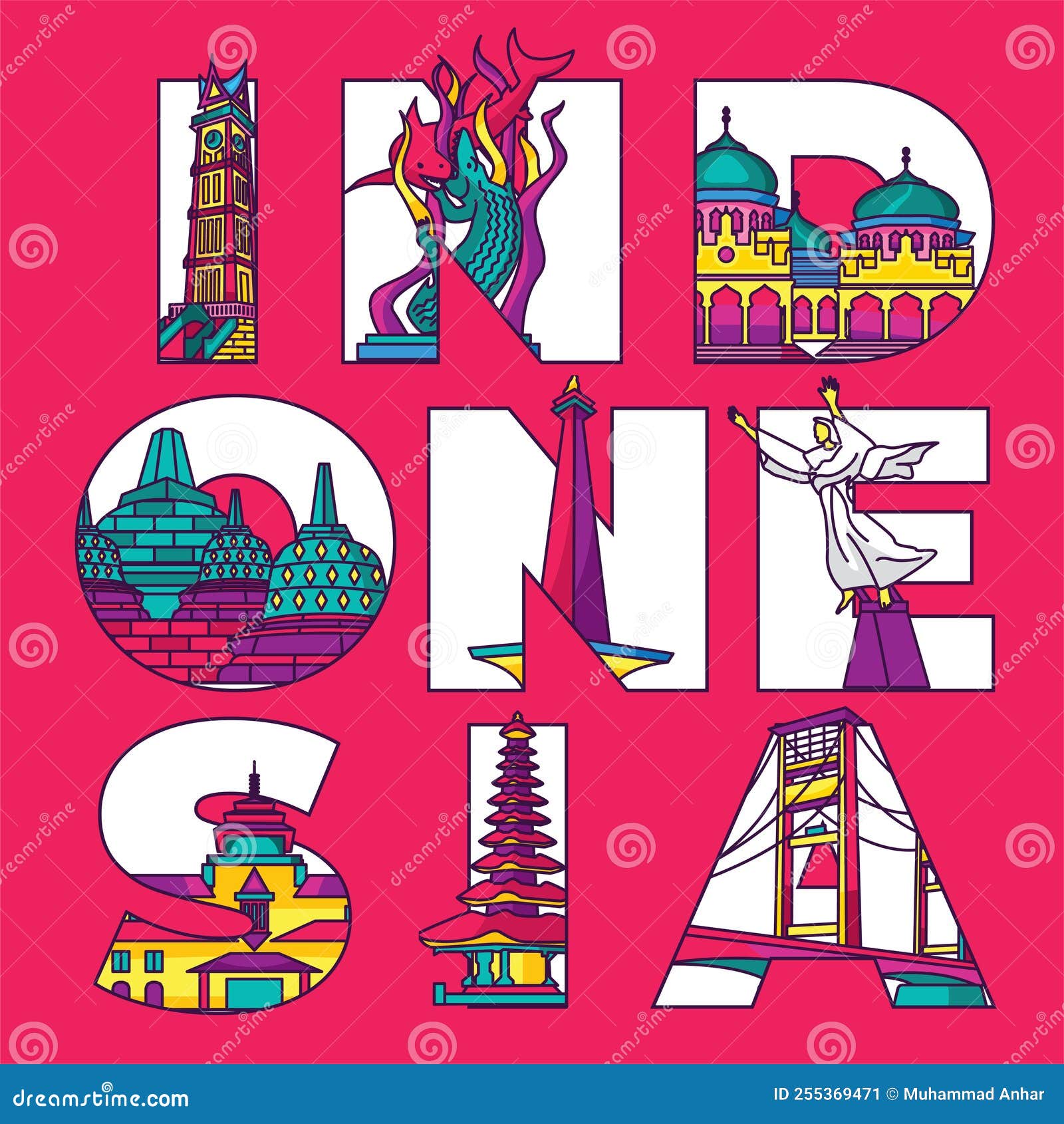 Indonesia Typography Landmark Text Effect Stock Vector - Illustration ...
