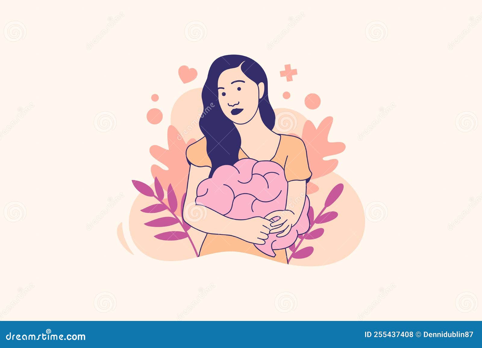 Illustrations Beautiful Woman Hugs Her Brain for World Mental Health ...