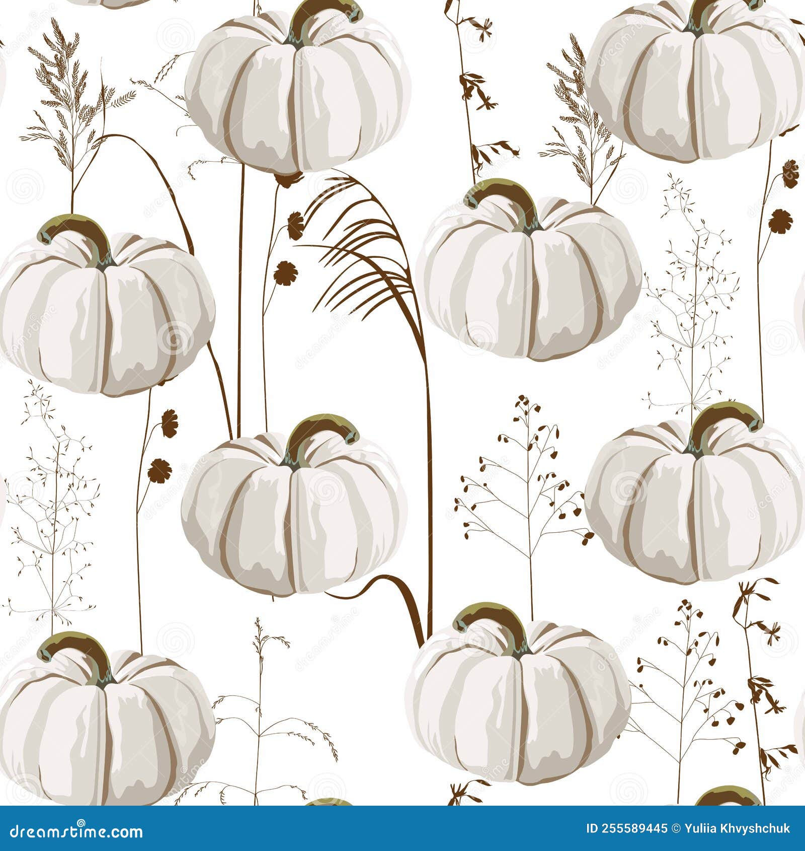 Autumn White Pumpkin and Brown Herbs Seamless Pattern. White Background ...