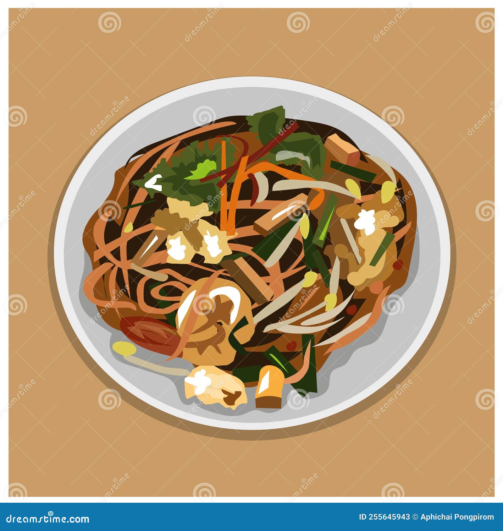 Vector Illustration Thai Food, Stir Fried Rice Noodle with Prawns ...