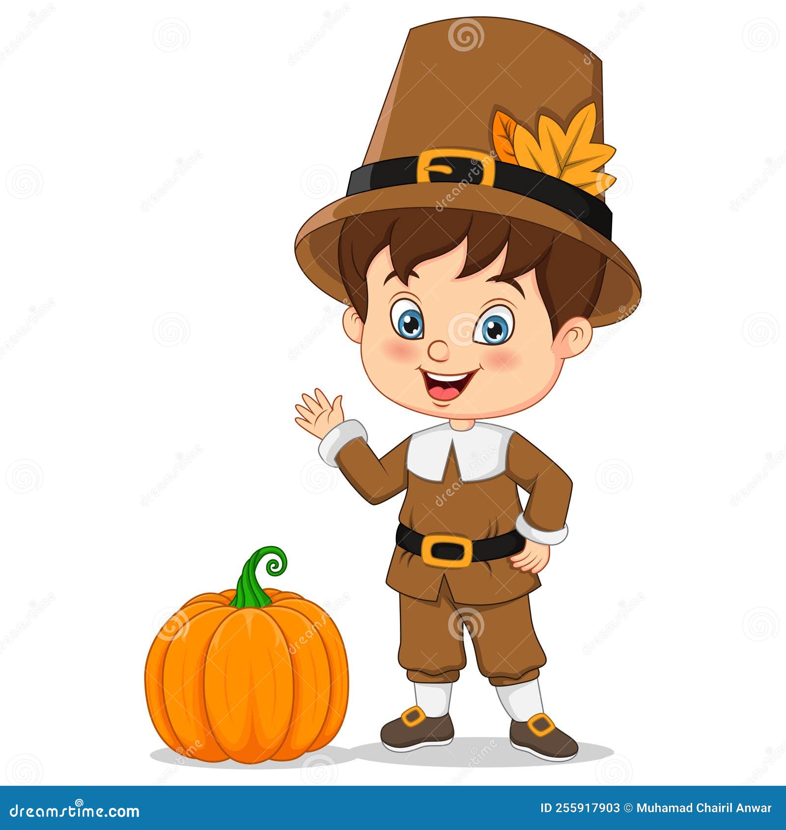 Cute Little Pilgrim Boy Cartoon with Pumpkin Stock Illustration ...