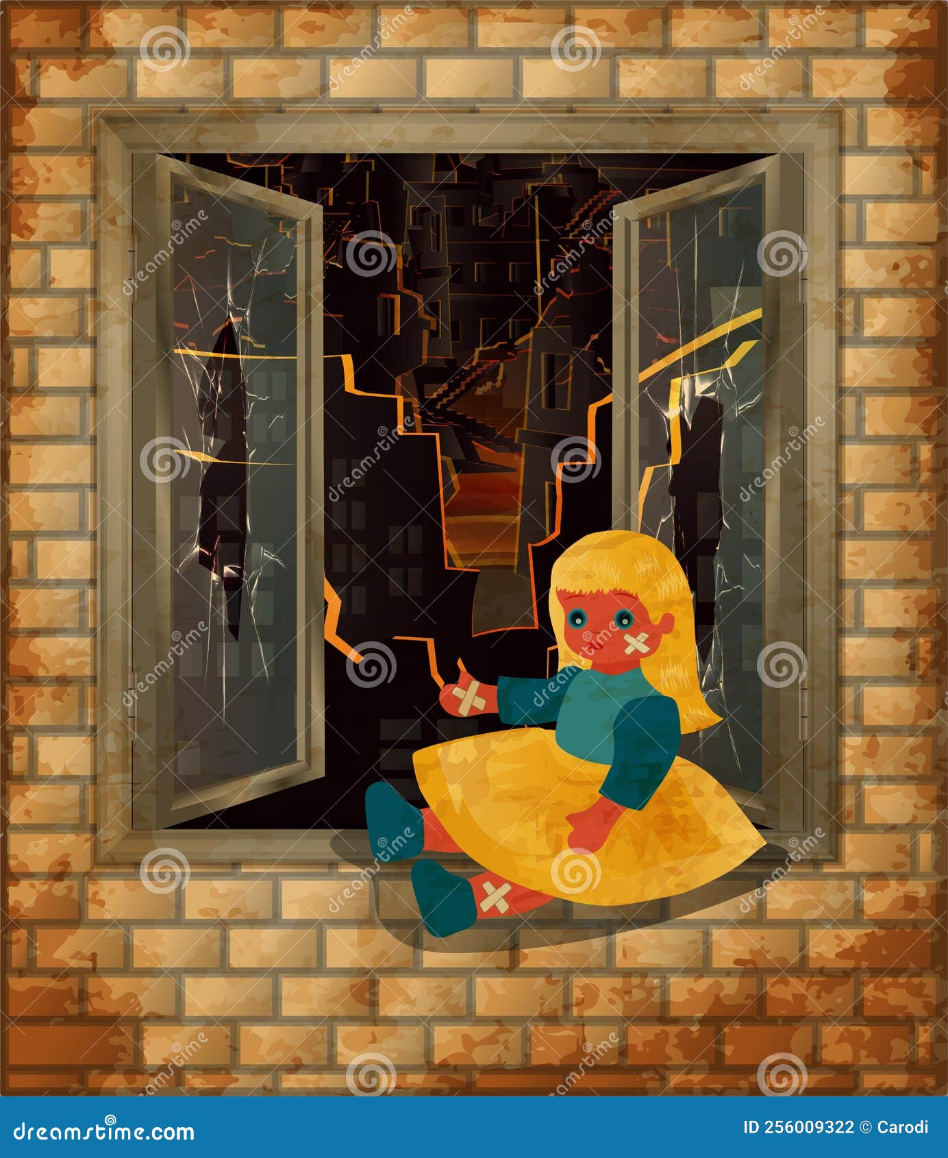 Stop War Card, Little Baby Doll Sits on a Broken Window. Vector Stock ...