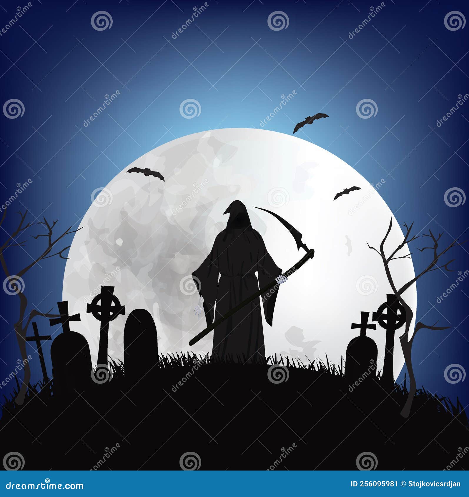 Grim Reaper on cemetery stock vector. Illustration of happy - 256095981
