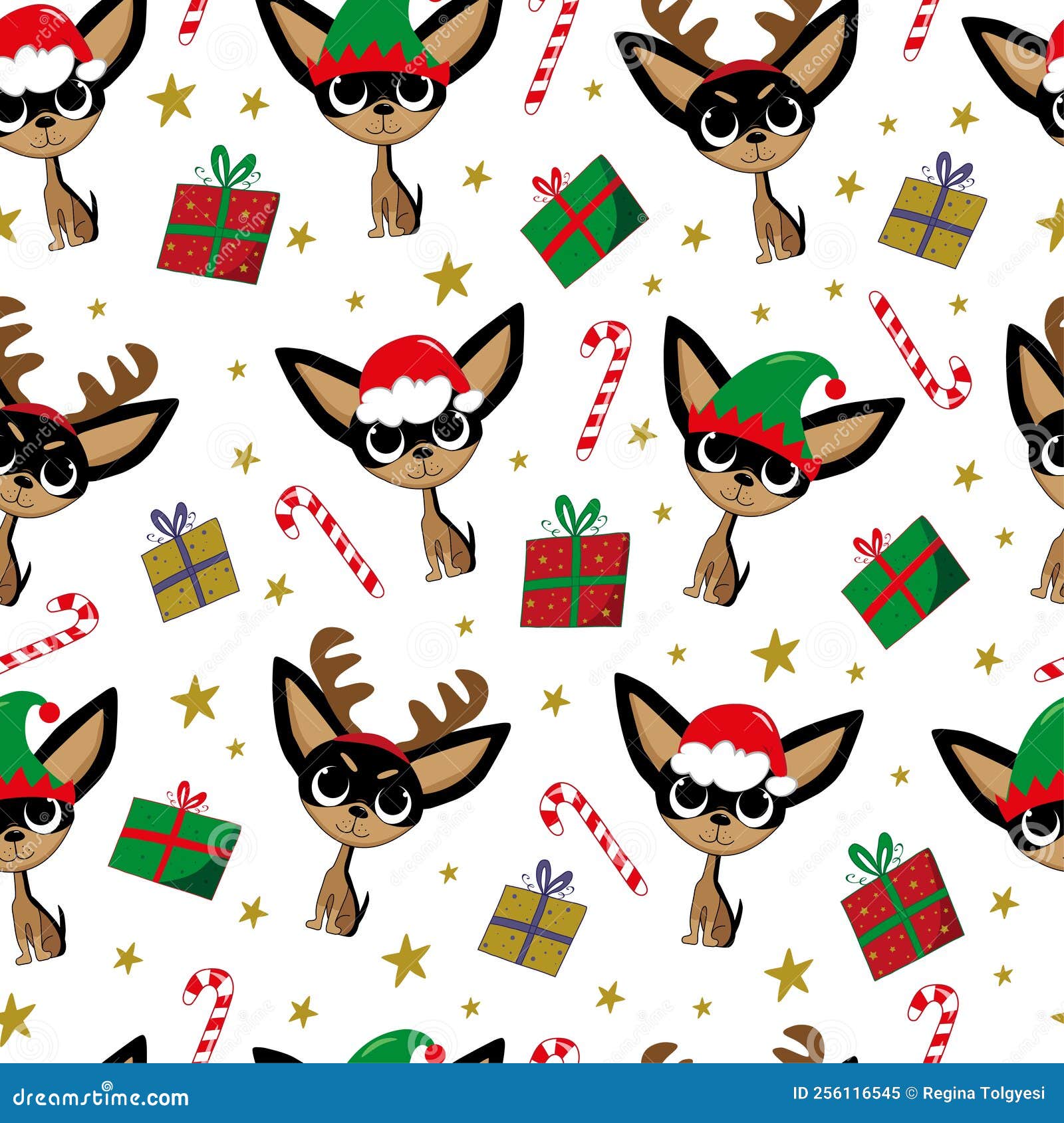 Chihuahua Dogs in Santa Hat, Elf Hat Reindeer Antler Seamless Pattern ...