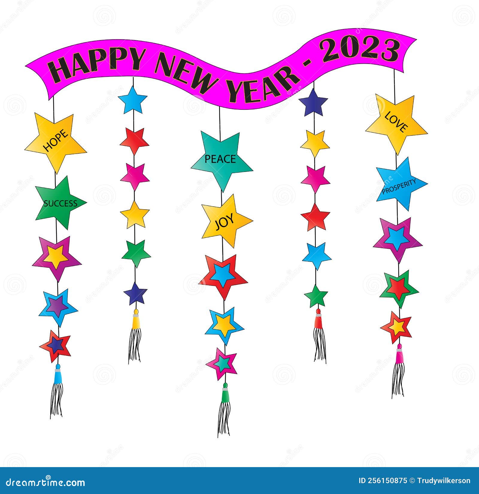Colorful Illustrtion of New Years Banner for 2023 and Dangling Stars ...