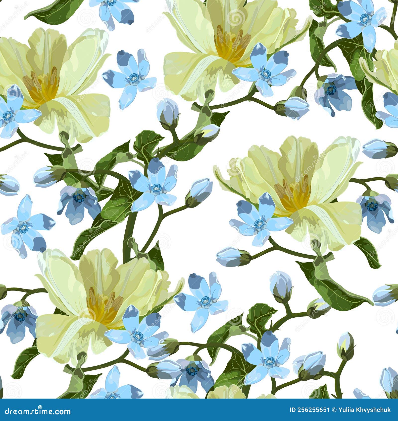 Seamless Pattern with Blue Oxypetalum, Tulips Flowers, a Beige ...