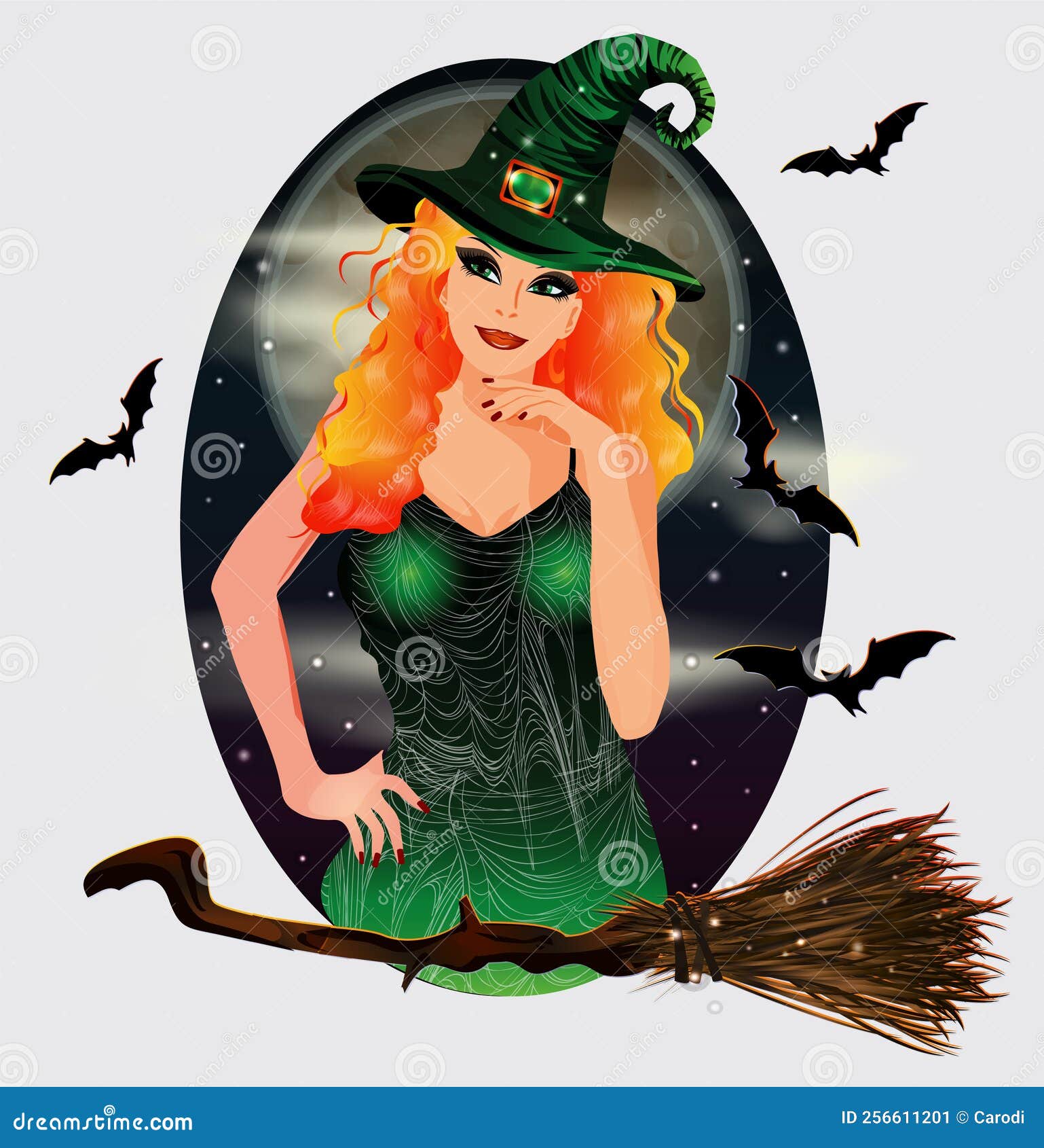 Happy Halloween Vip Card, Full Moon And Red Hair Witch Cartoon Vector ...