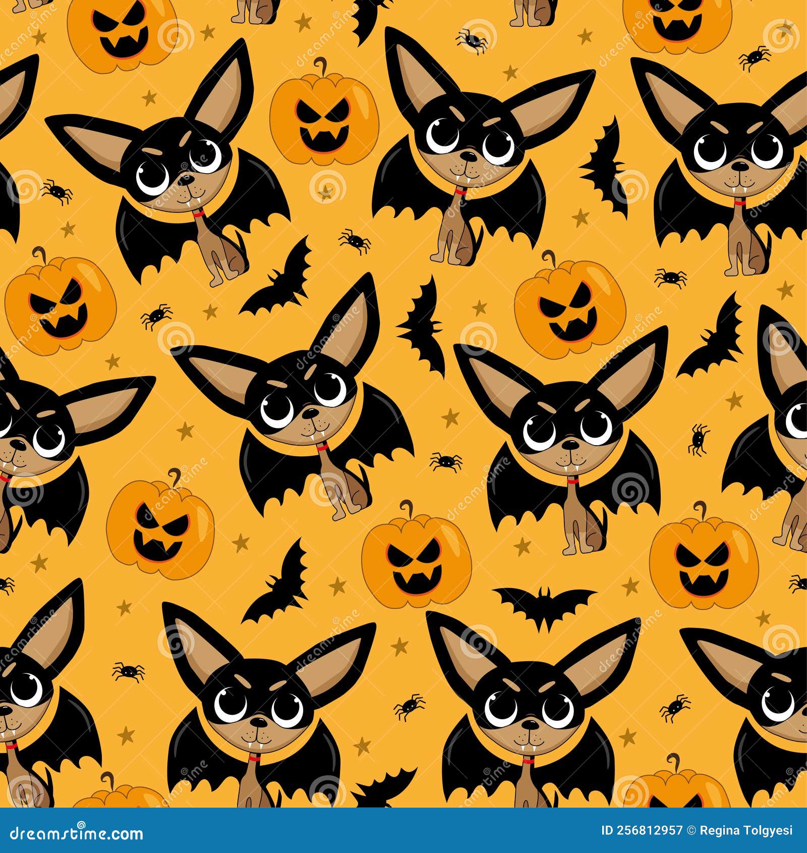 Vampire Dog with Bat Wings, and Pumpkin, Spider, Cartoon Seamless ...
