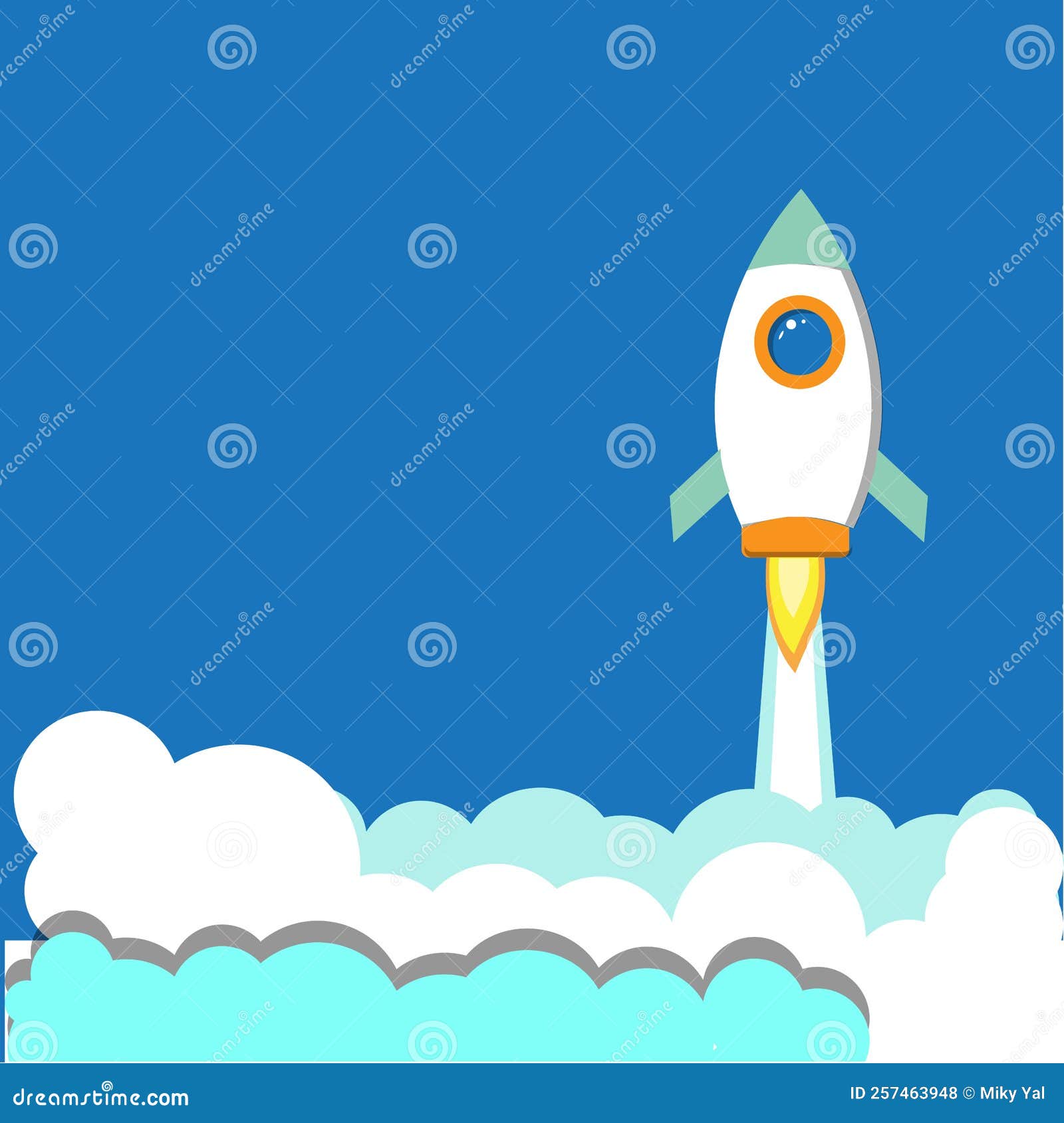 Rocket Ship Flies Up with Sky Clouds on Blue Background. Flat Icon ...