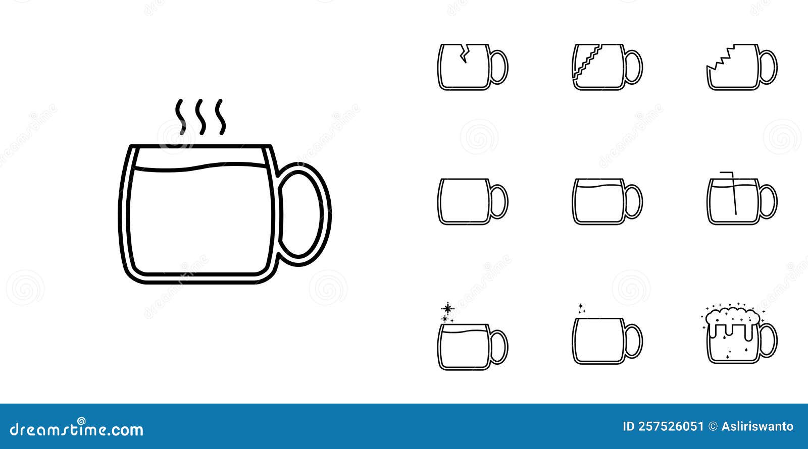 Ten Sets of Tea or Coffee Mug Cup Glass Line Icons. Simple, Line ...