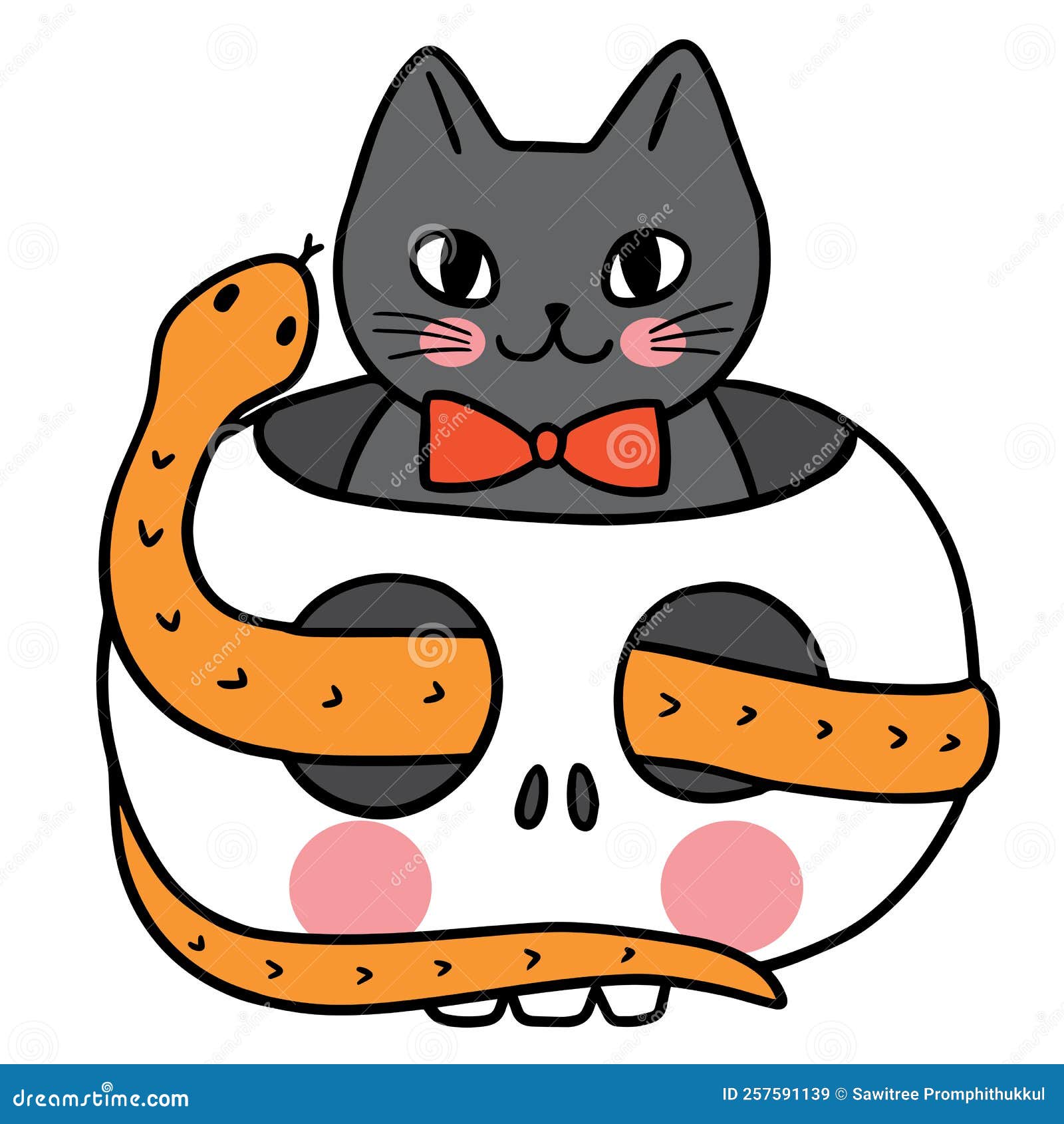 Cute Cartoon Character Black Cat and Skull and Snake on Halloween ...