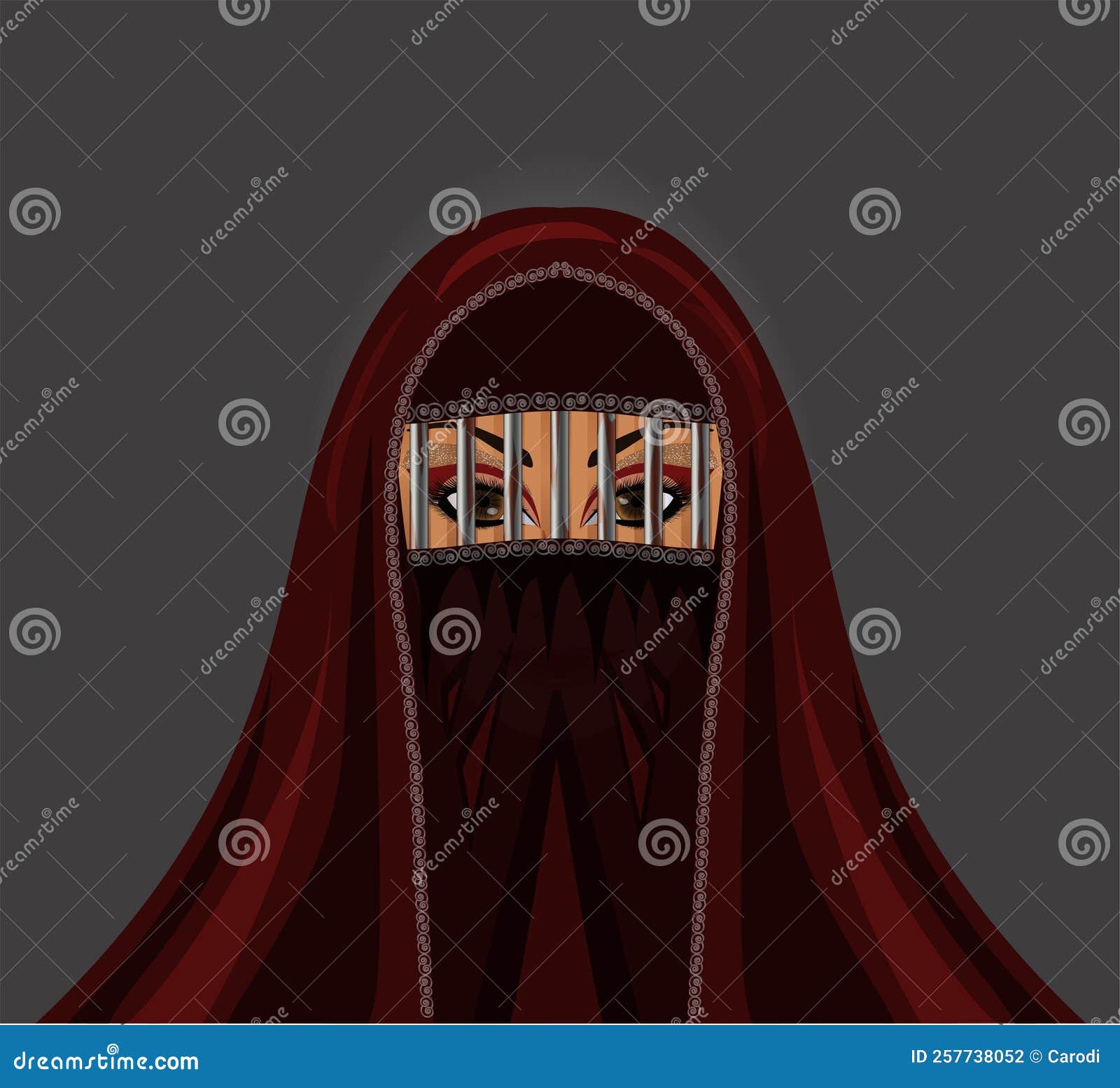 Burka Is Like A Prison. Muslim Woman In Burqa Metal Grate Vector ...