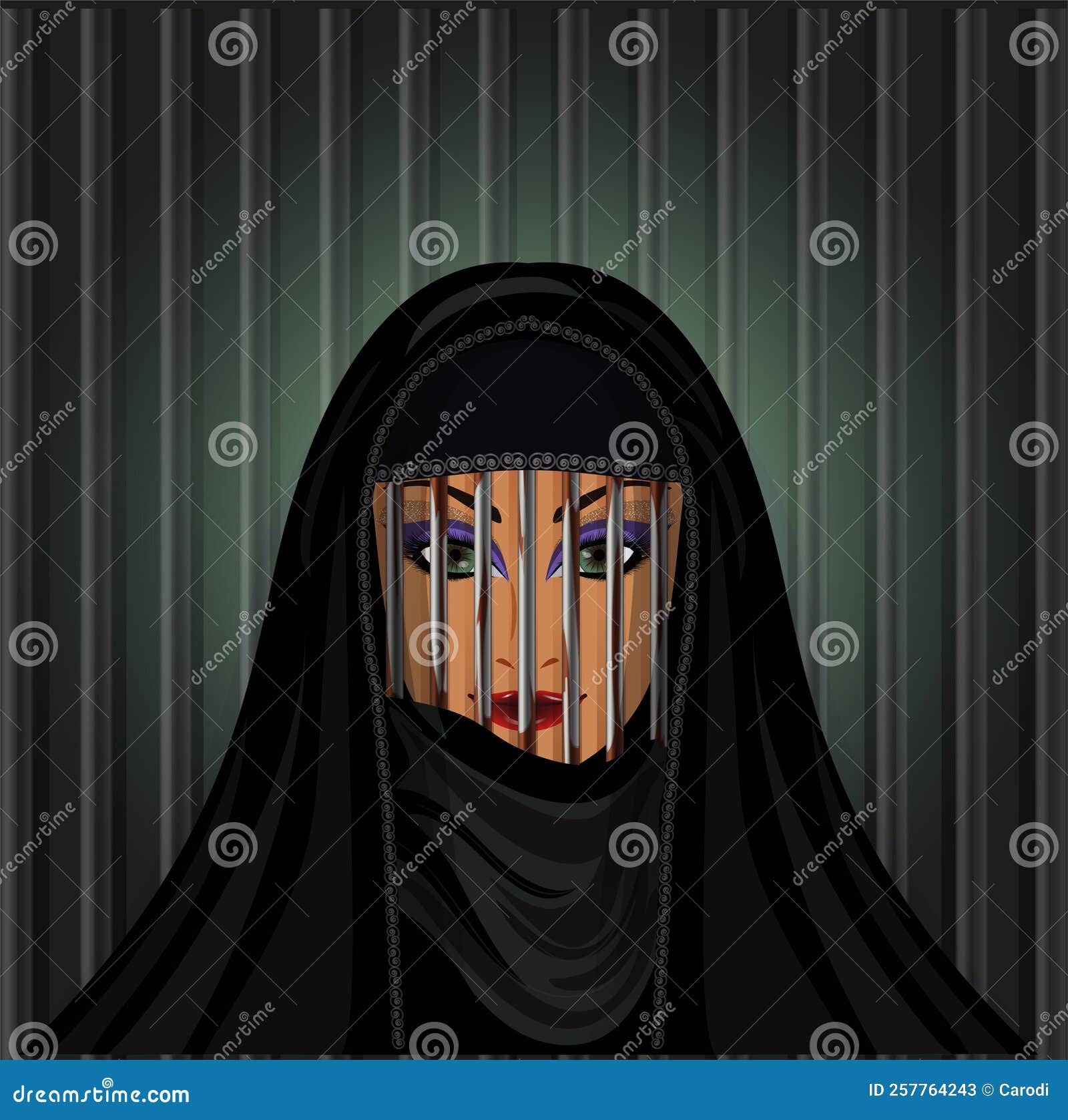 Burka is Like a Prison. Young Muslim Woman in Hijab Metal Grate, Vector ...