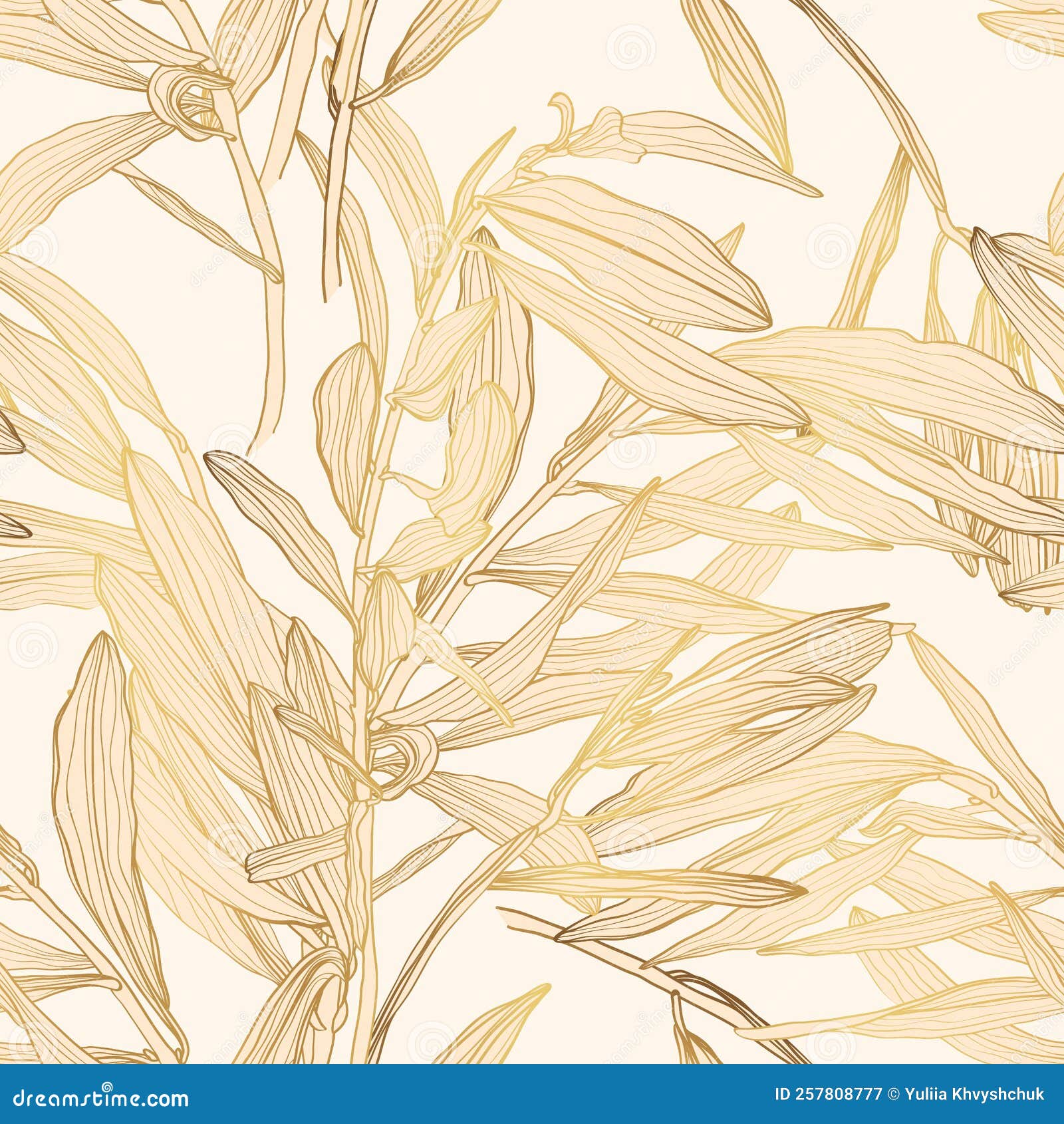 Seamless Beige Background with Golden Line Olive Leaves. Ideal for ...