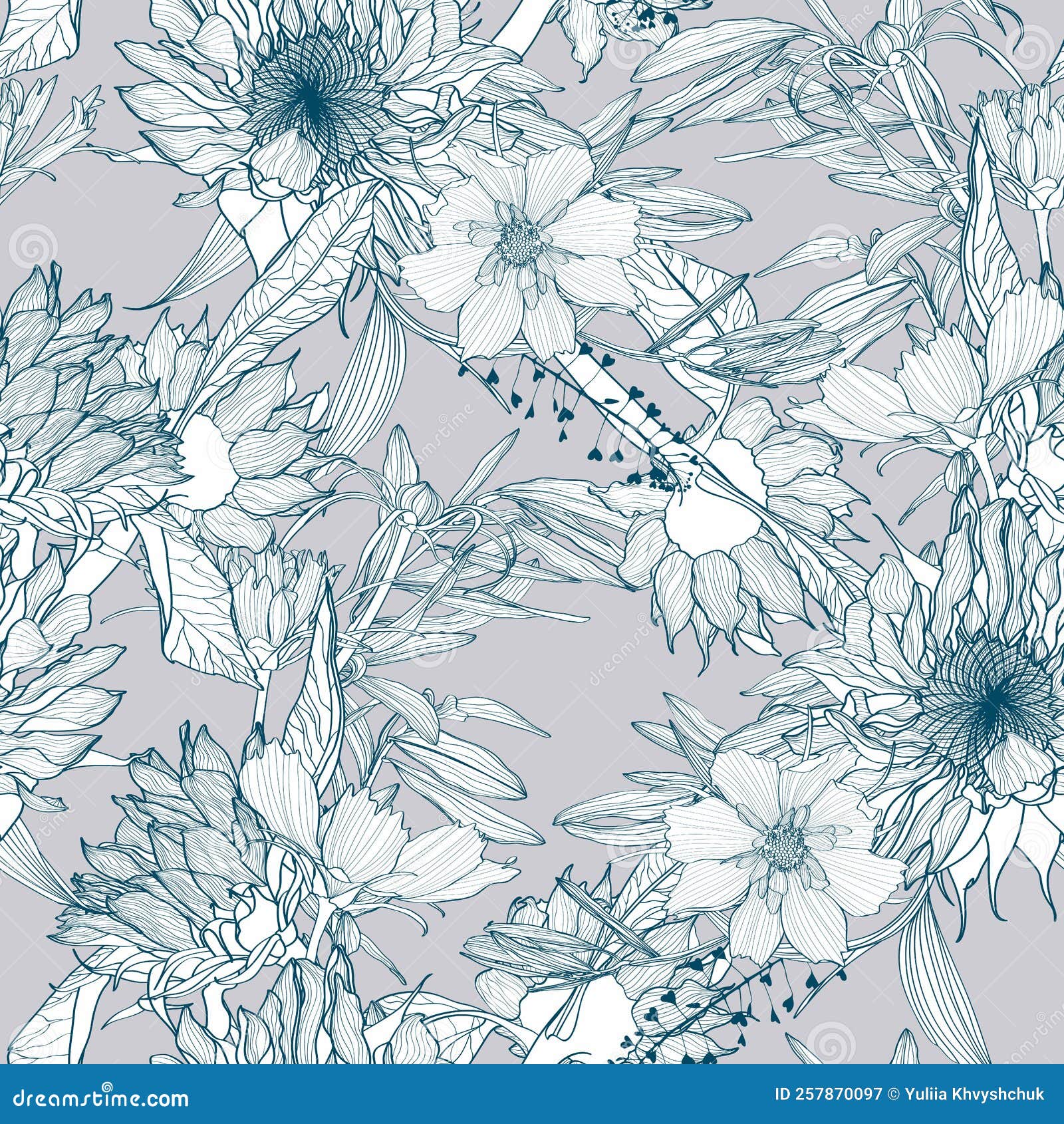 Exotic Blue Line Garden Flowers on Grey Background. Floral Seamless ...