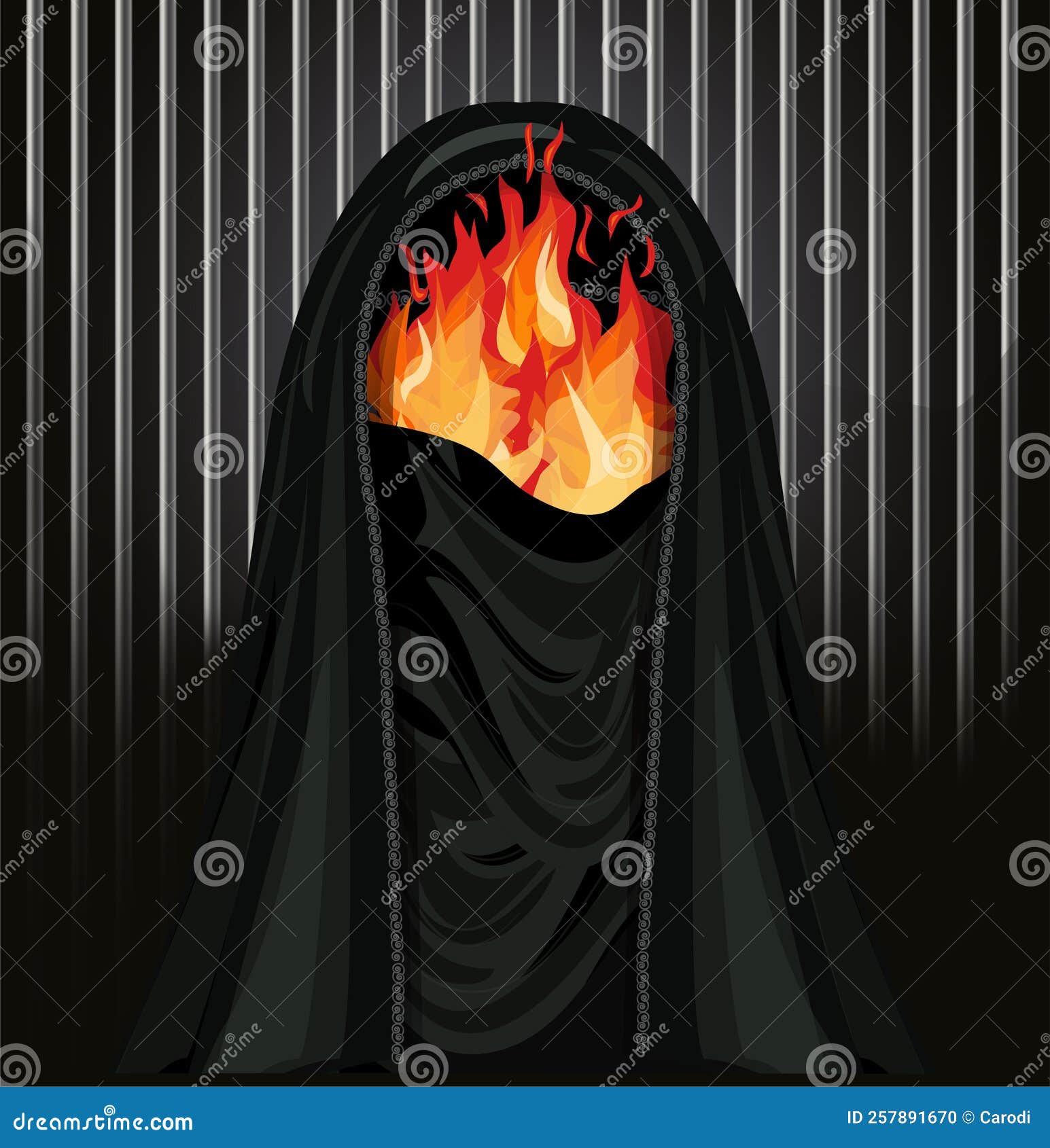 Burka Is Like A Prison. Muslim Woman In Burqa With Flame And Metal Bars ...