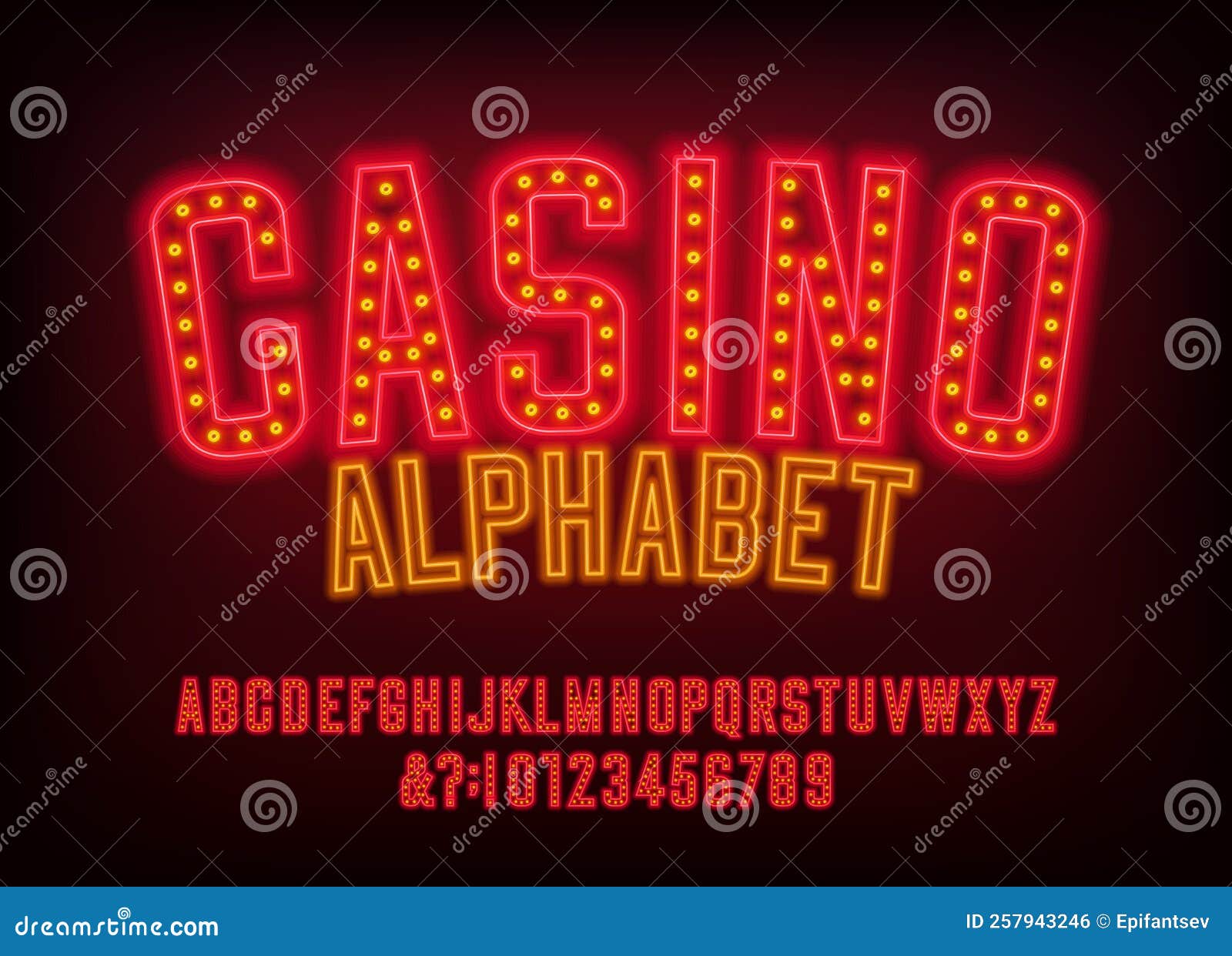 Casino Alphabet Font. Glowing Neon Letters, Numbers and Symbols Stock ...