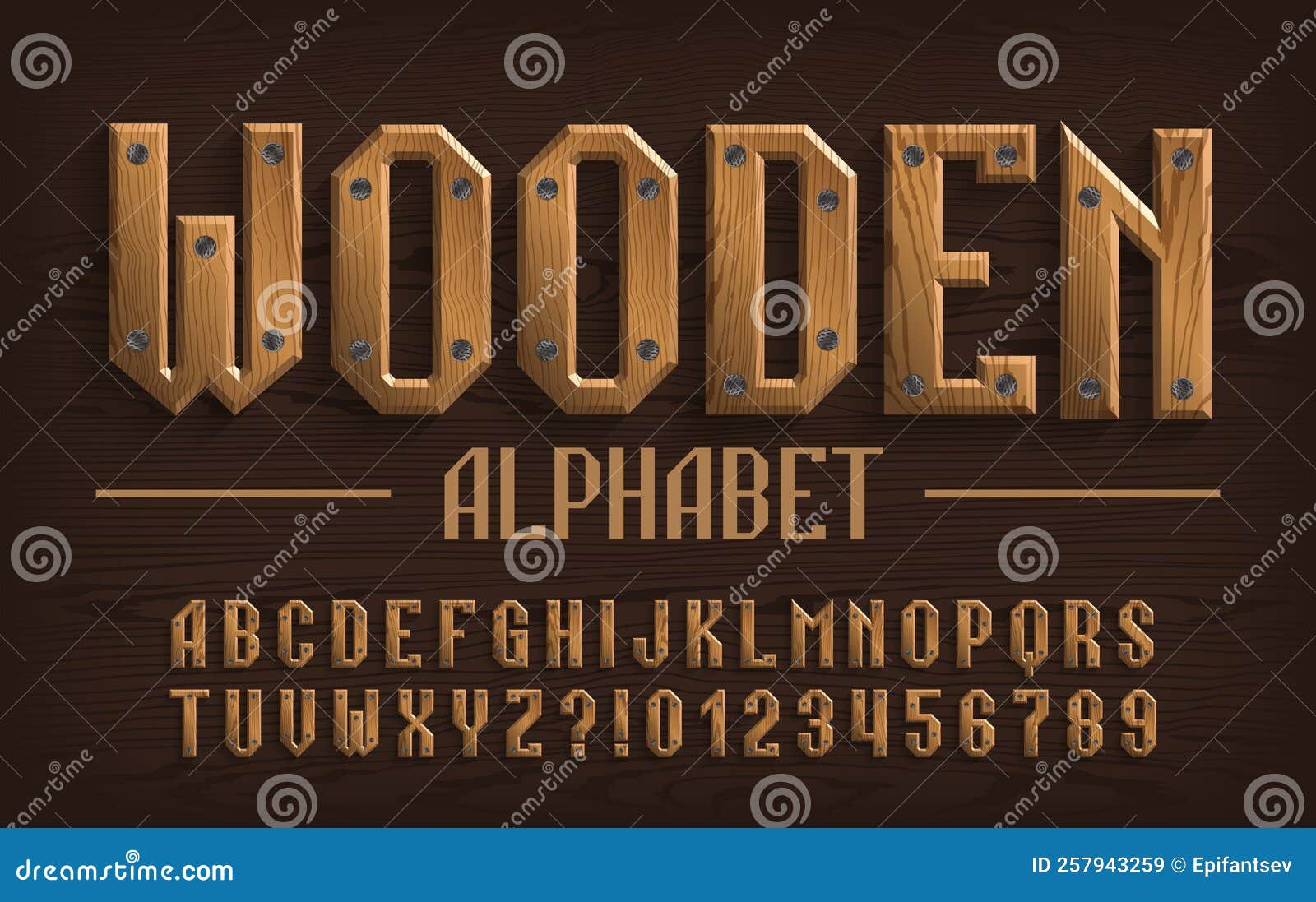 Wooden Alphabet Font. Beveled Letters and Numbers Stock Vector ...
